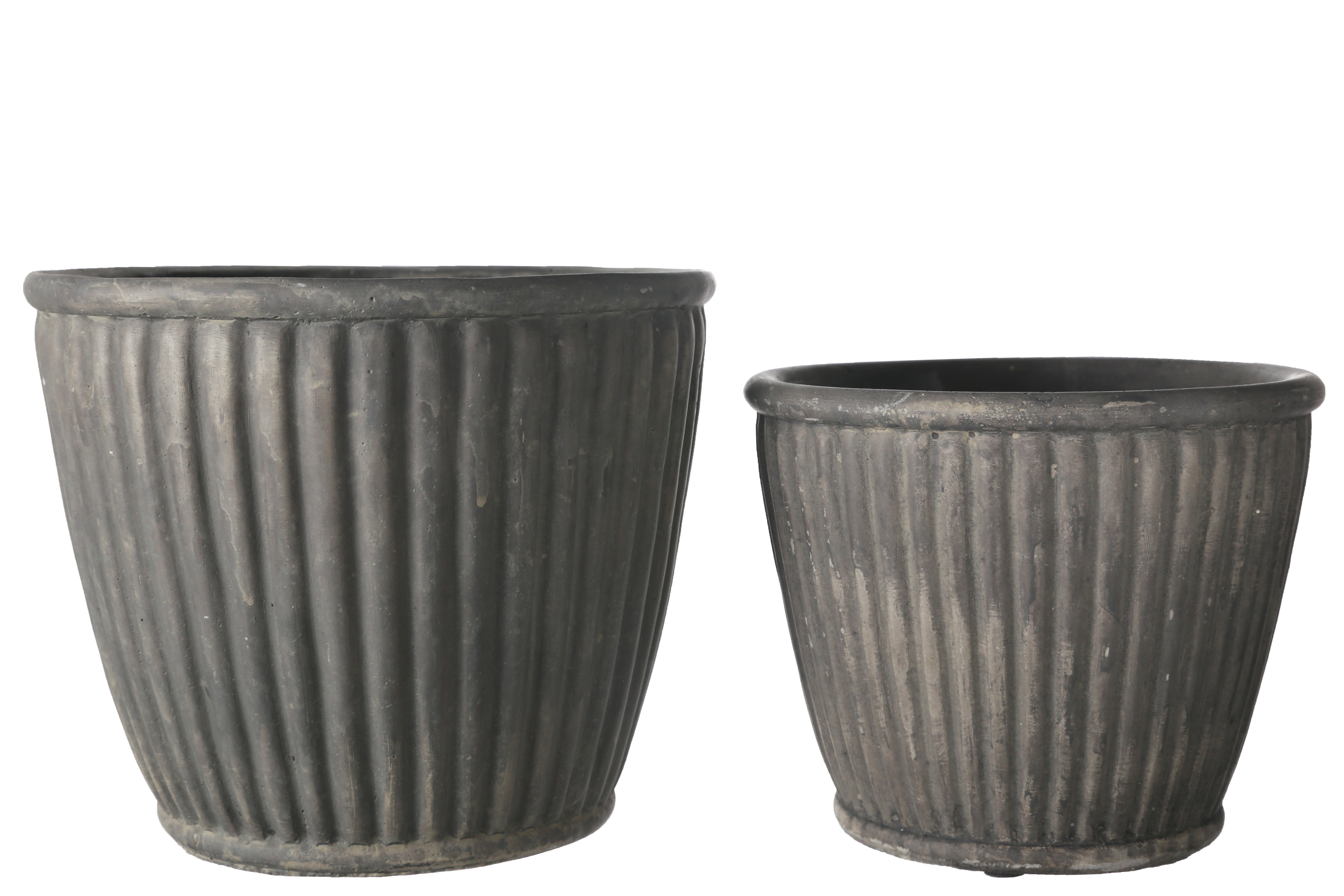 World Menagerie Cement Round Pot With Moulded Vertical Line Pattern ...