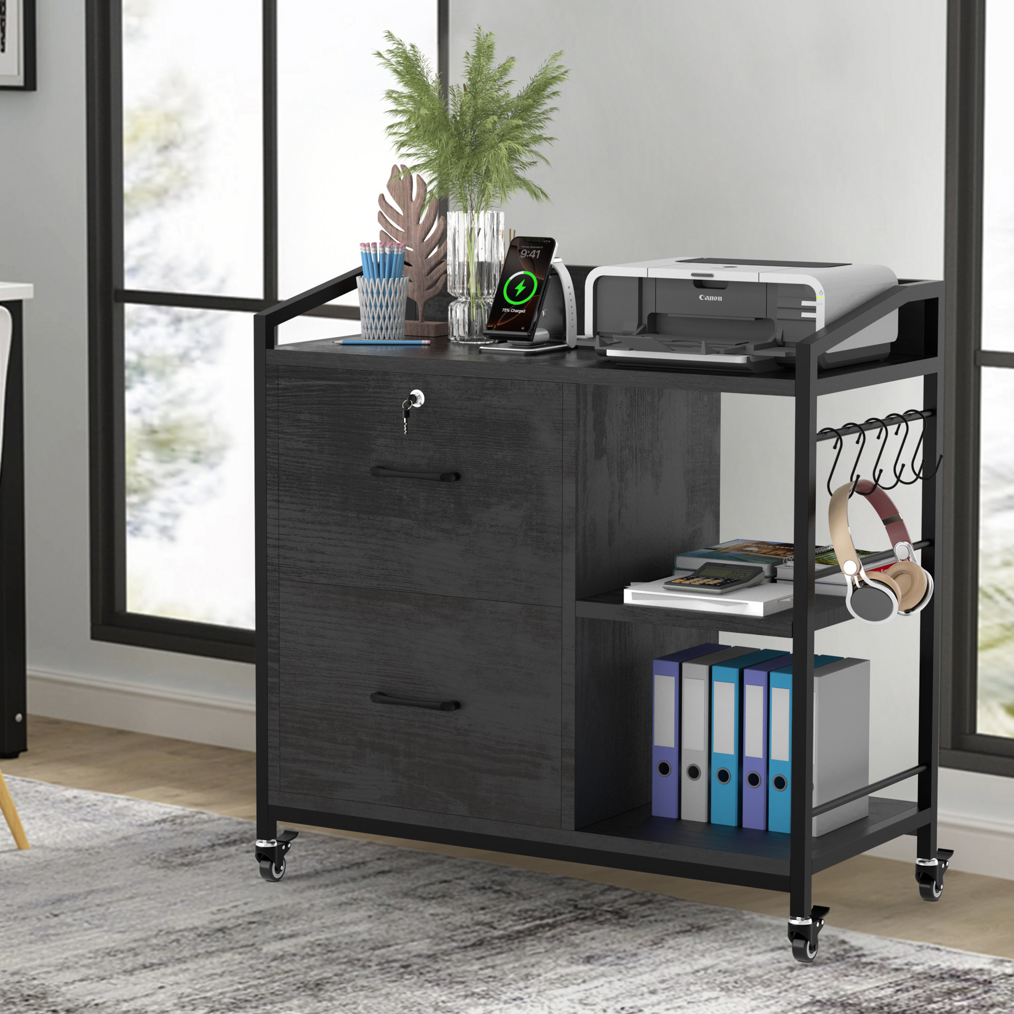 17 Stories 35'' Wide 2 -Drawer Mobile File Cabinet With Side Hooks ...