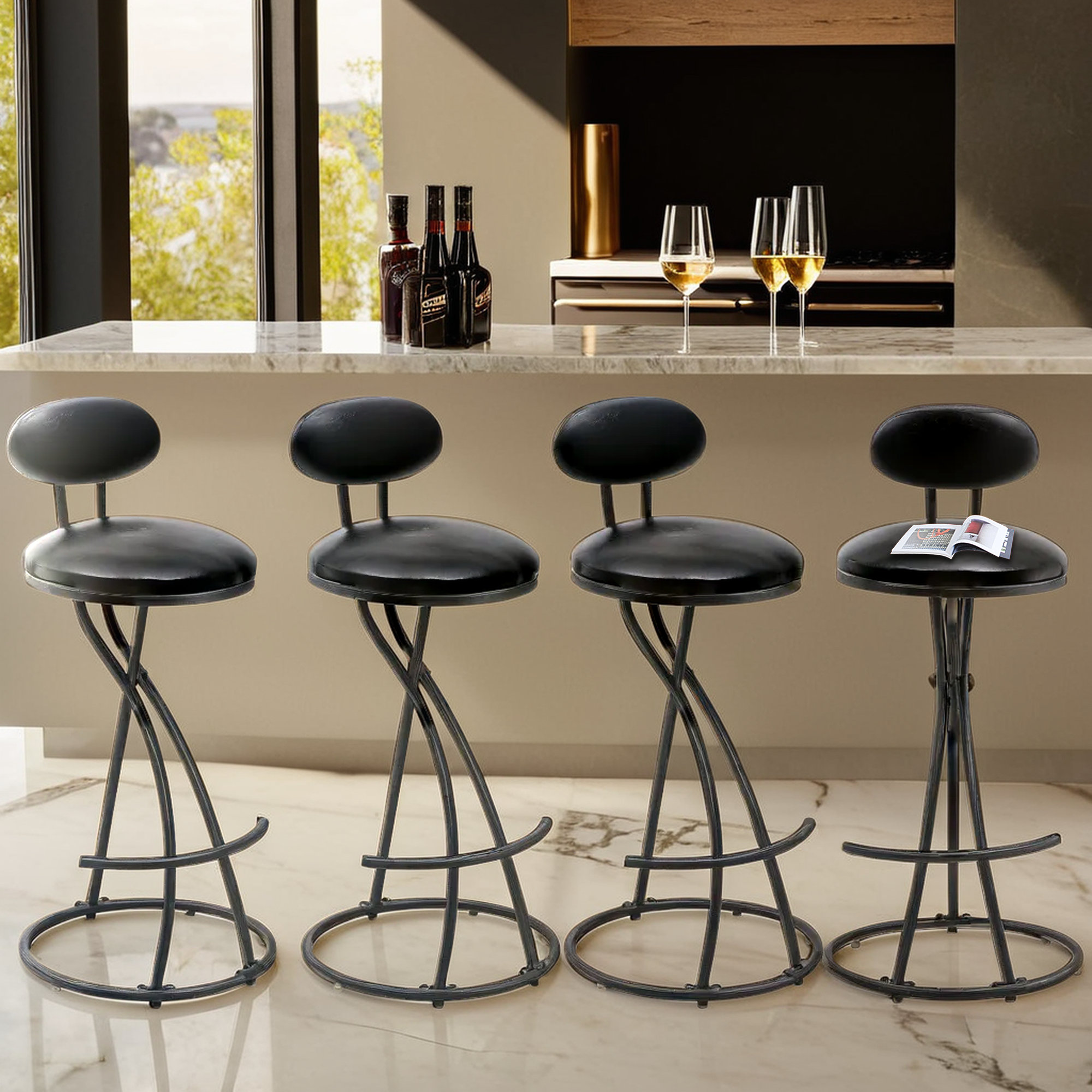 17 Stories Modern S-Shaped Metal Leather Round Bar Stools With Footrest ...