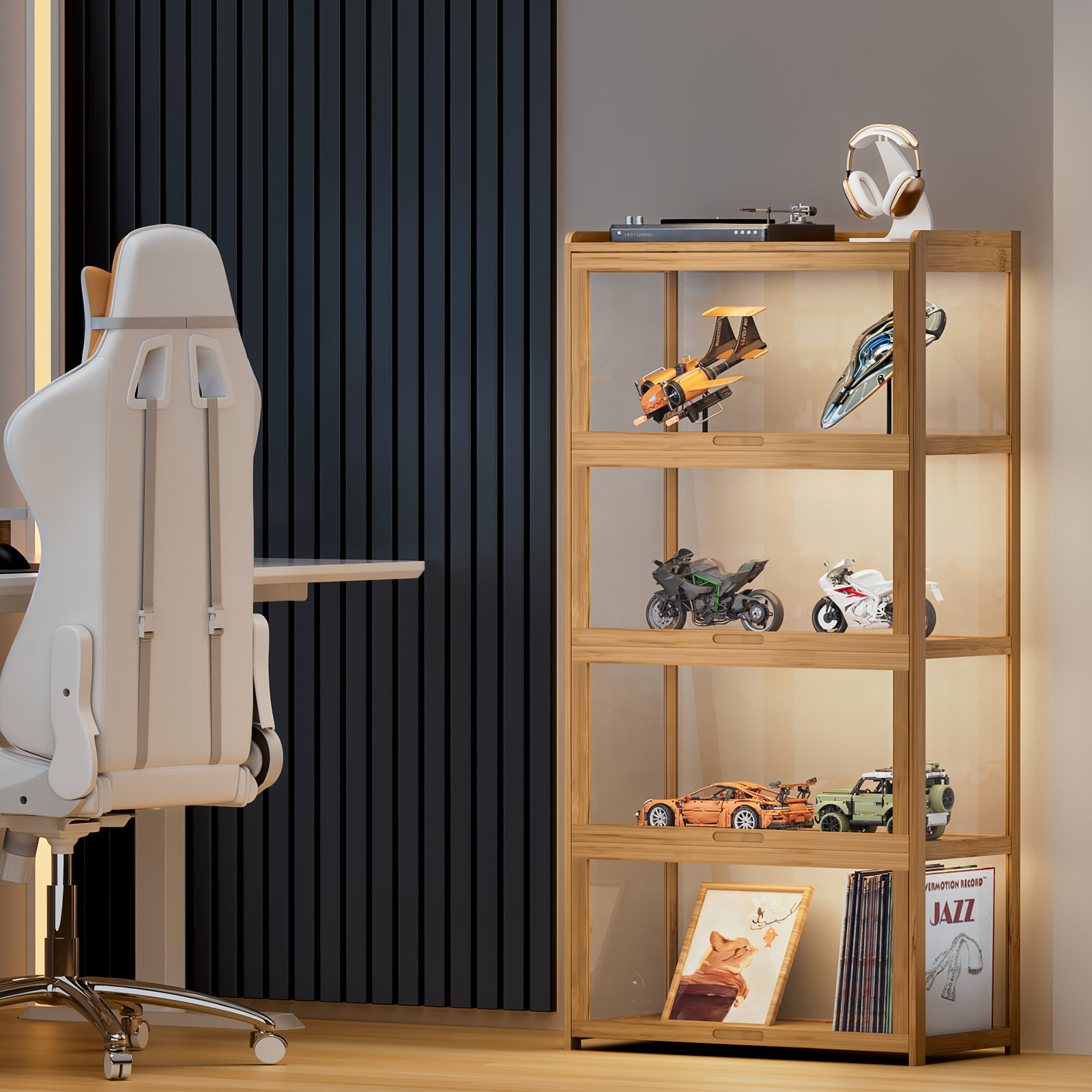 Rebrilliant 4-Tier Display Cabinet With Flip Up Door, Curio Cabinet ...