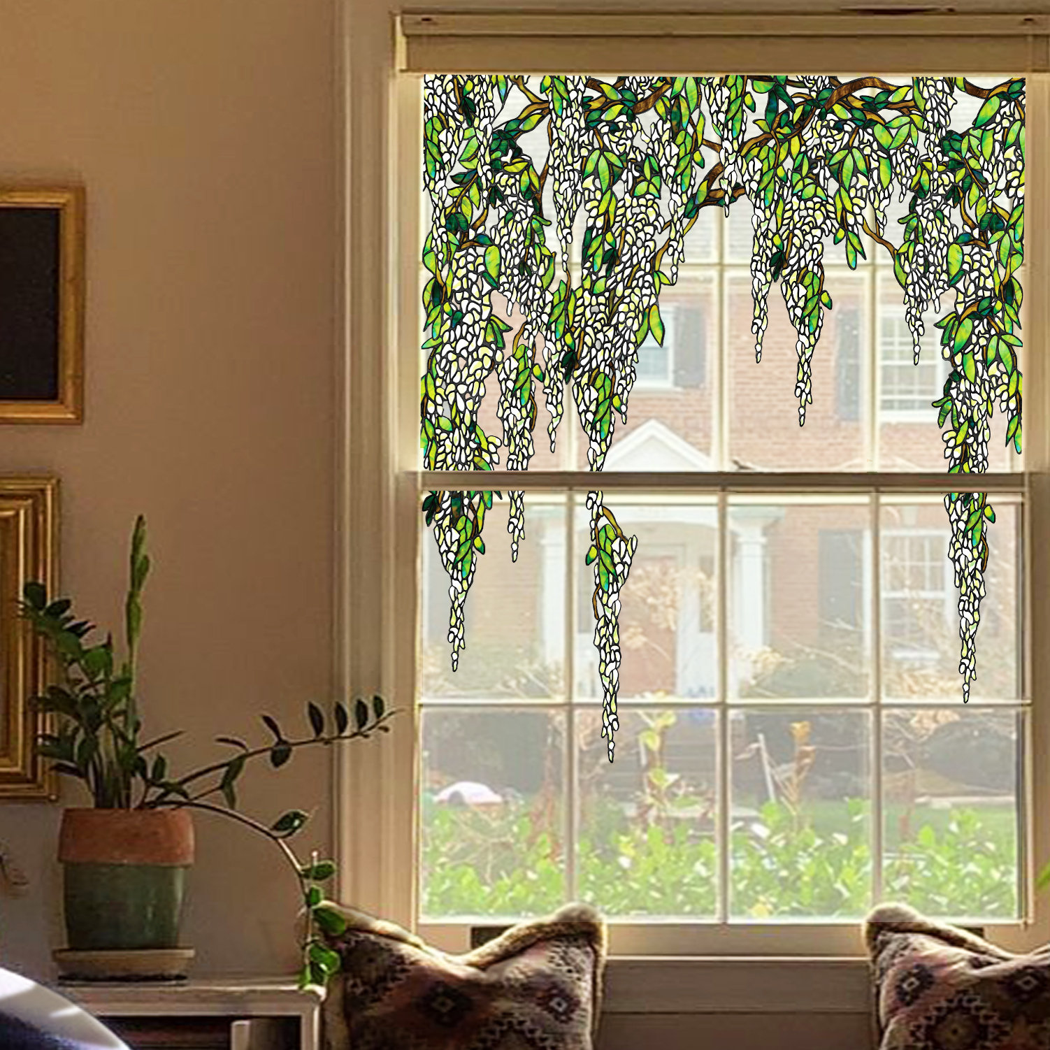 Winston Porter Hand-painted White Wisteria Flowers Static Cling Window ...