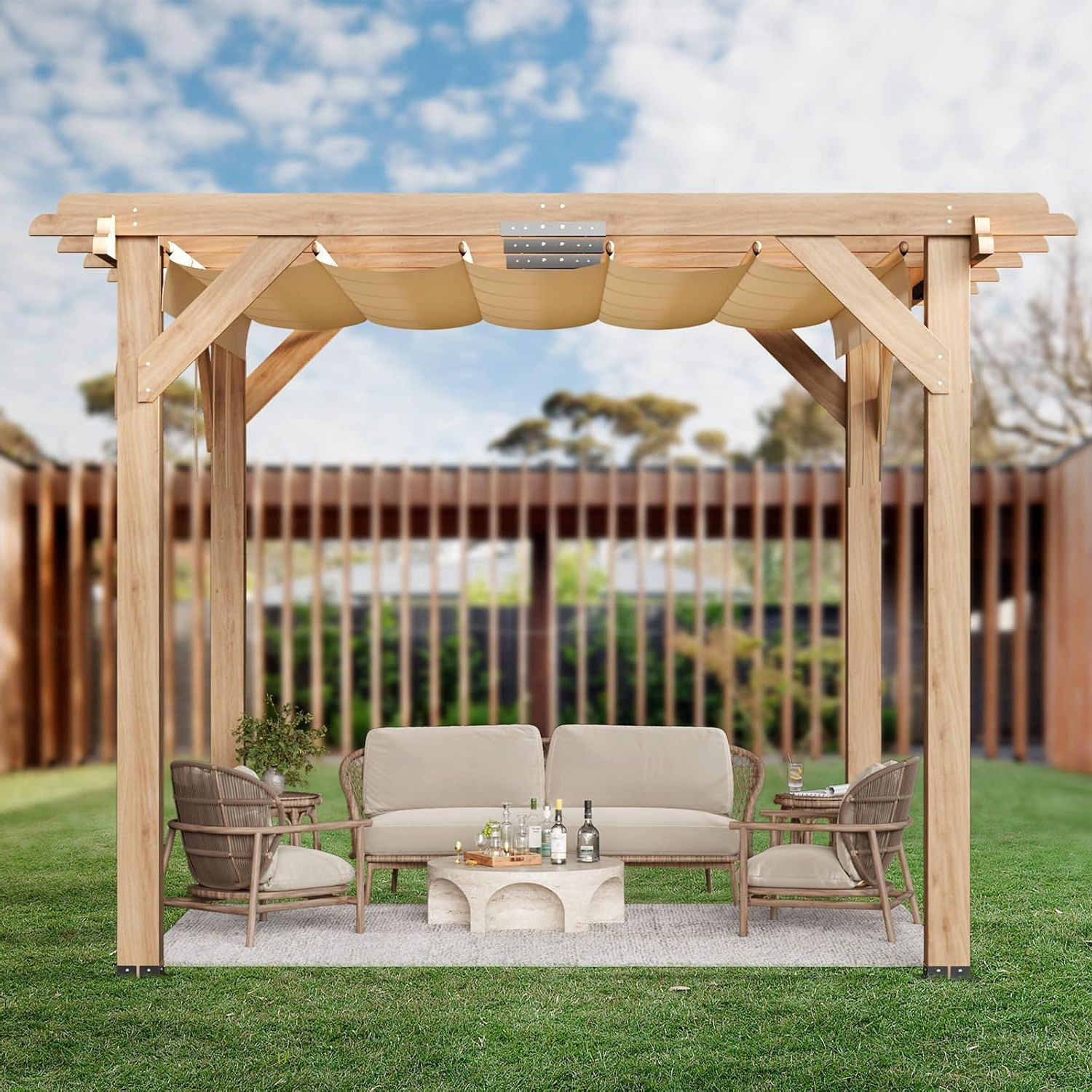 Arlmont & Co. Cedar Wood Pergola with Retractable Oxford Fabric Roof ...