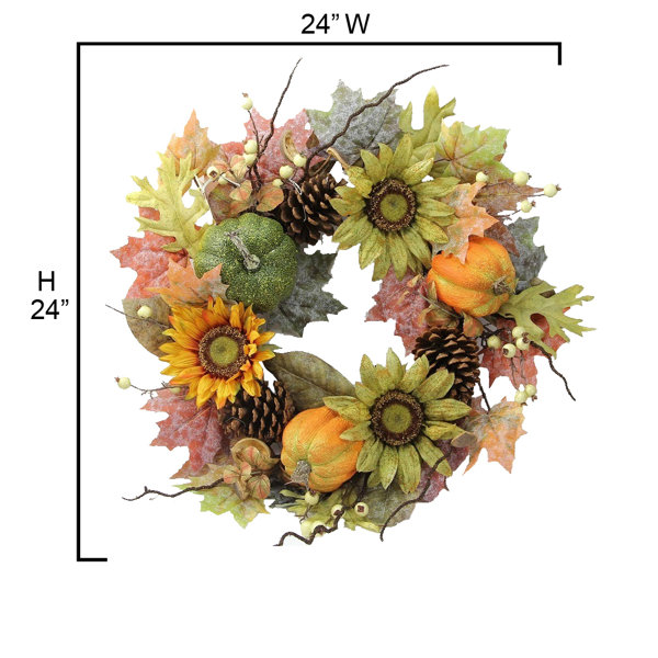 The Holiday Aisle® 24 Inch Artificial Fall Pumpkin Sunflowers Wreath ...
