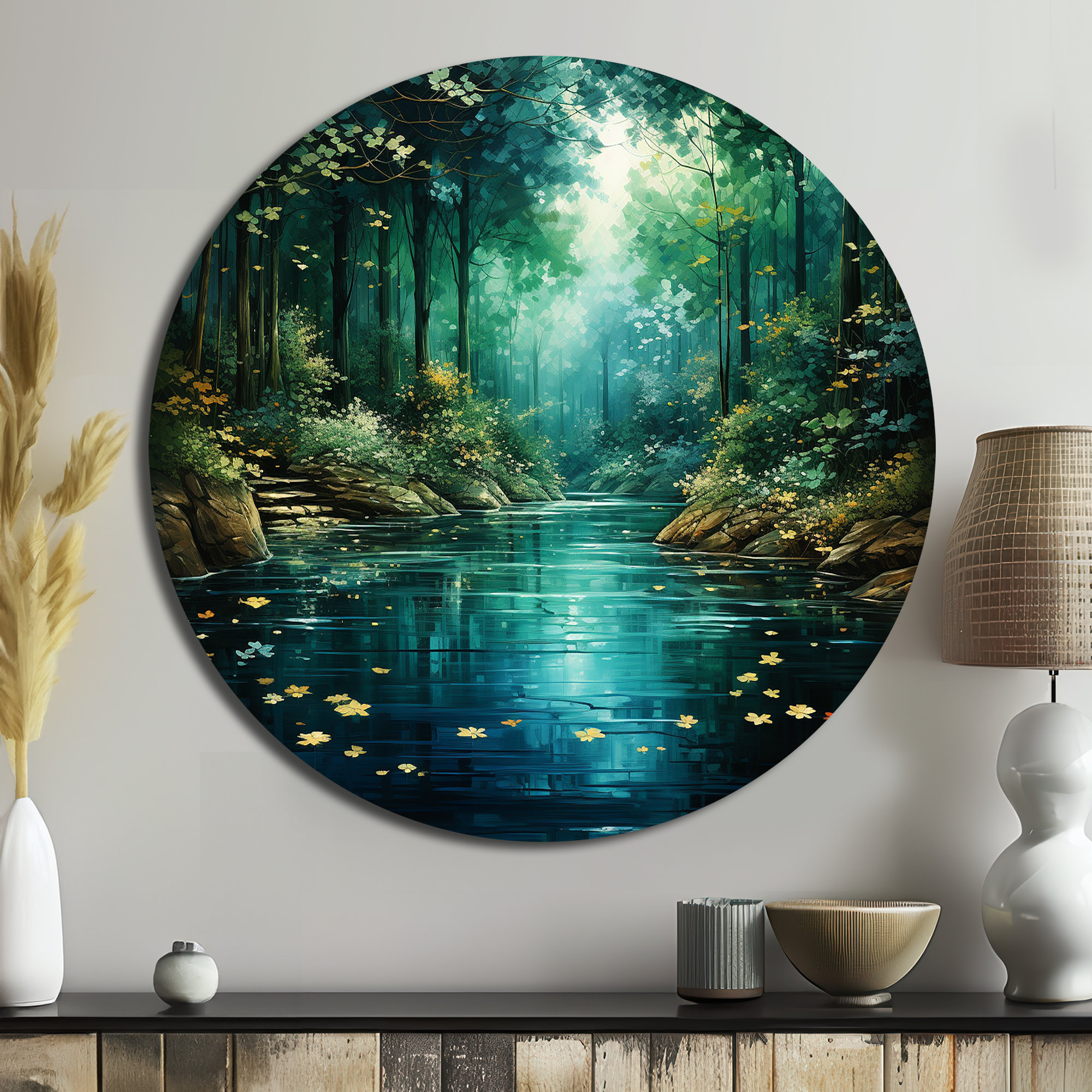 Design Art Forest Emerald Canopy River - Landscapes Round Metal Decor ...