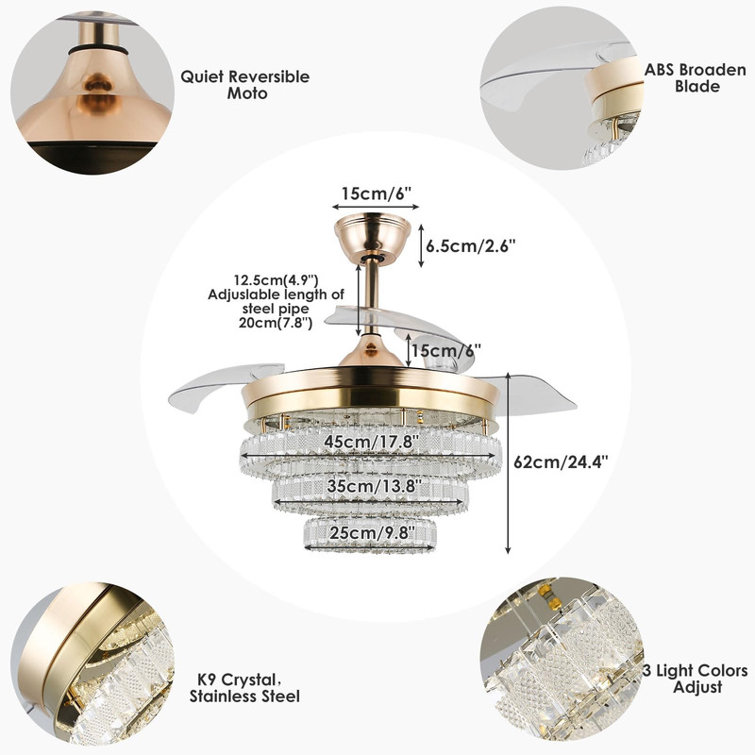 Mercer41 42" Modern Crystal Ceiling Fan With Lights Dimmable Fandelier ...