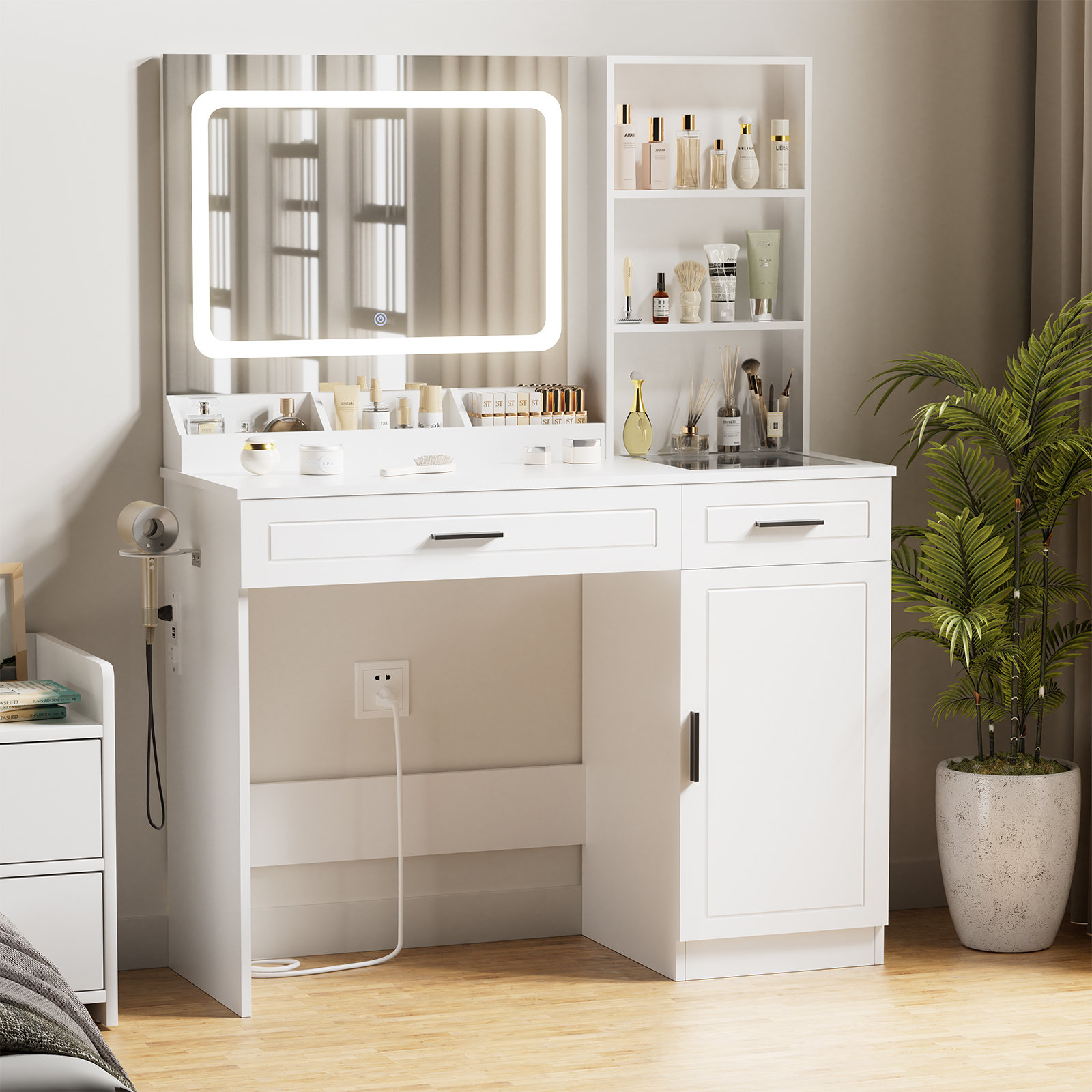 Wrought Studio Makeup Vanity Desk With 3-Color LED Lighted Mirror ...
