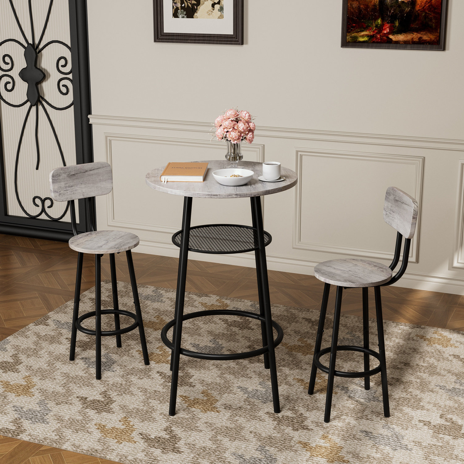 17 Stories 3 Pieces Round Bar Table Set with 2 bar stools | Wayfair