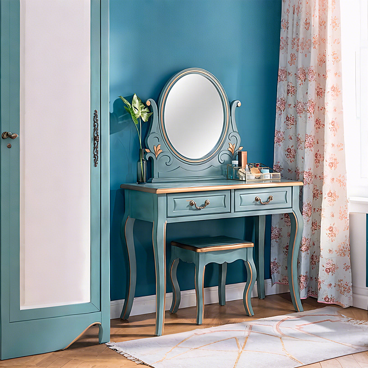 Canora Grey Mediterranean-Style Blue Dressing Table with a Stool | Wayfair