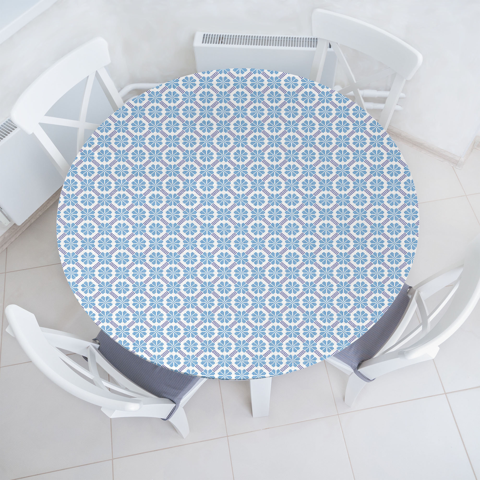 East Urban Home Retro Fitted Round Tablecloth Deep Sky Blue White | Wayfair
