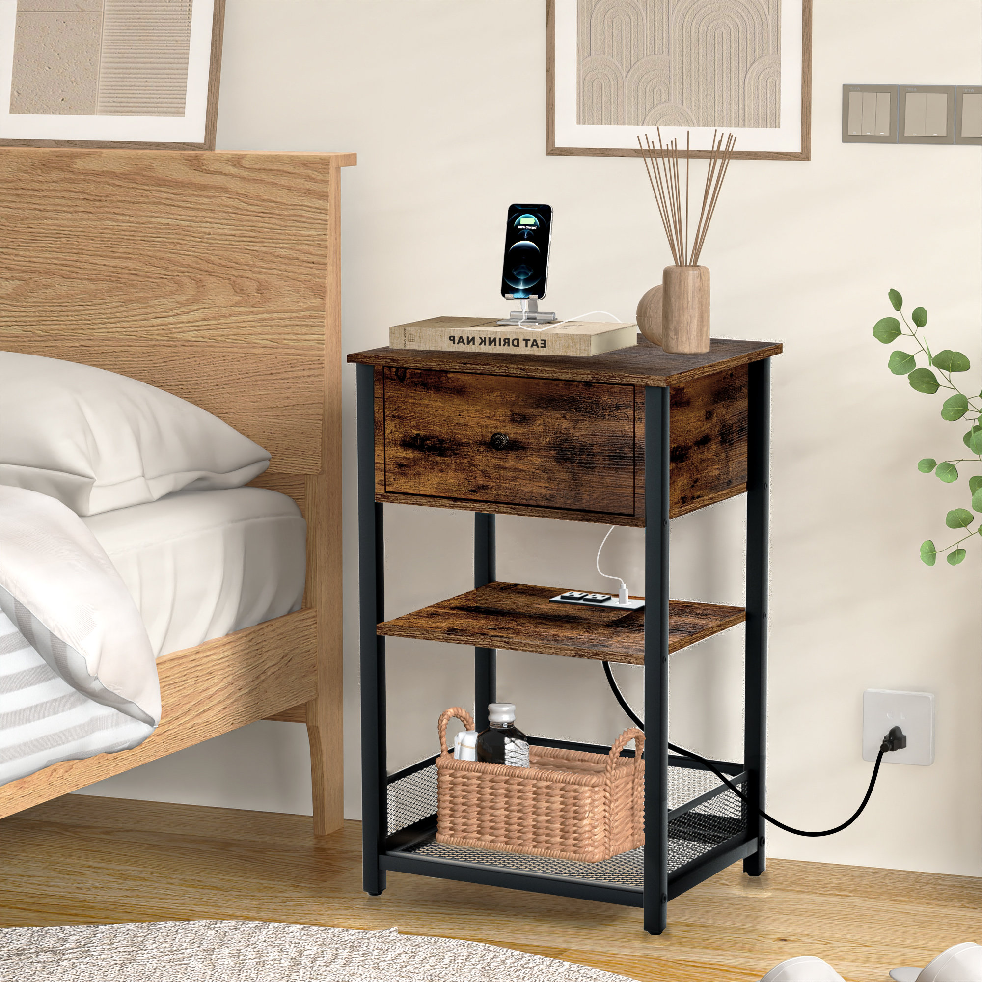 Ebern Designs Phawak USB Port & Power Outlet Metal Nightstand & Reviews ...