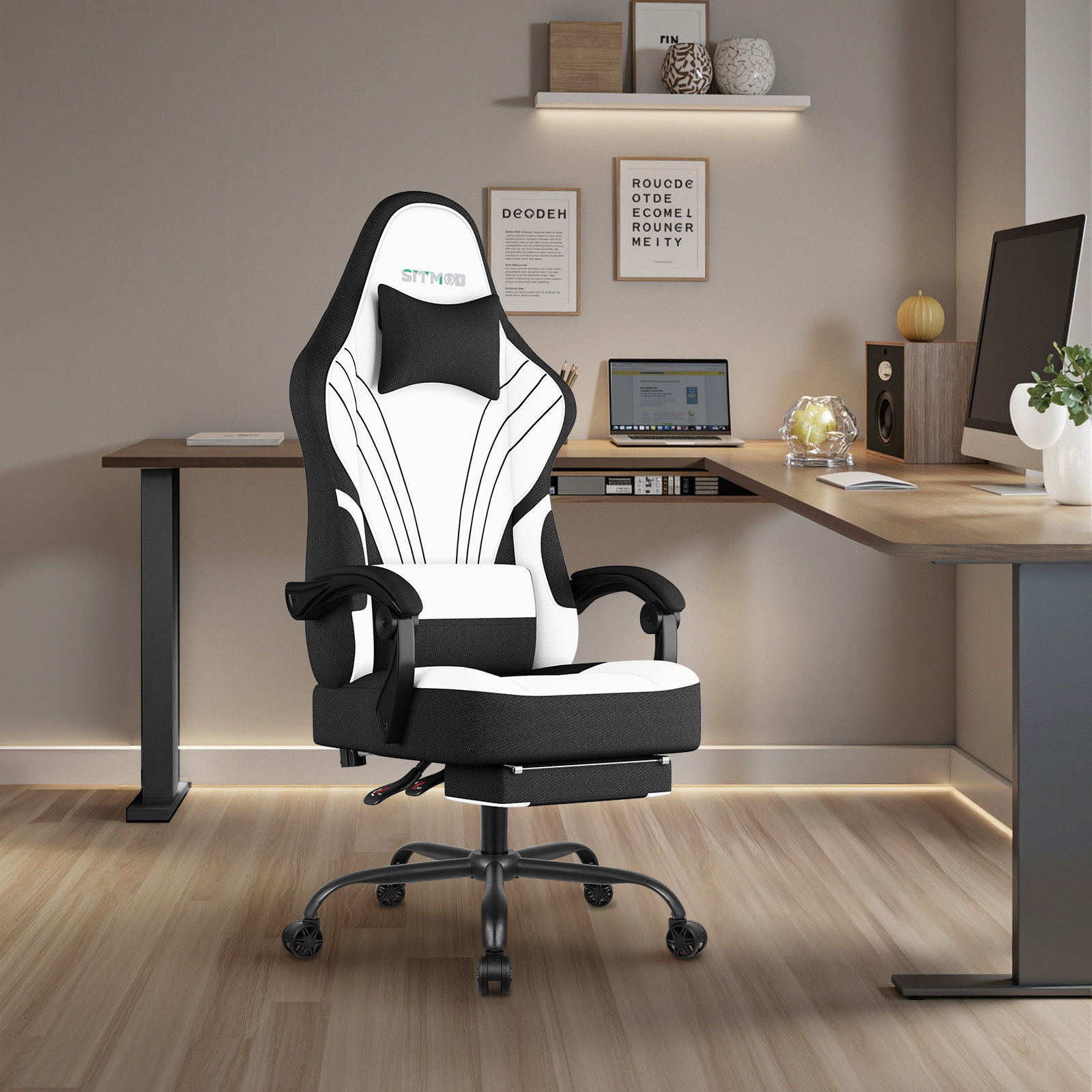 SITMOD Fabric Gaming Chair with Footrest&Lumbar Support, Ergonomic High ...