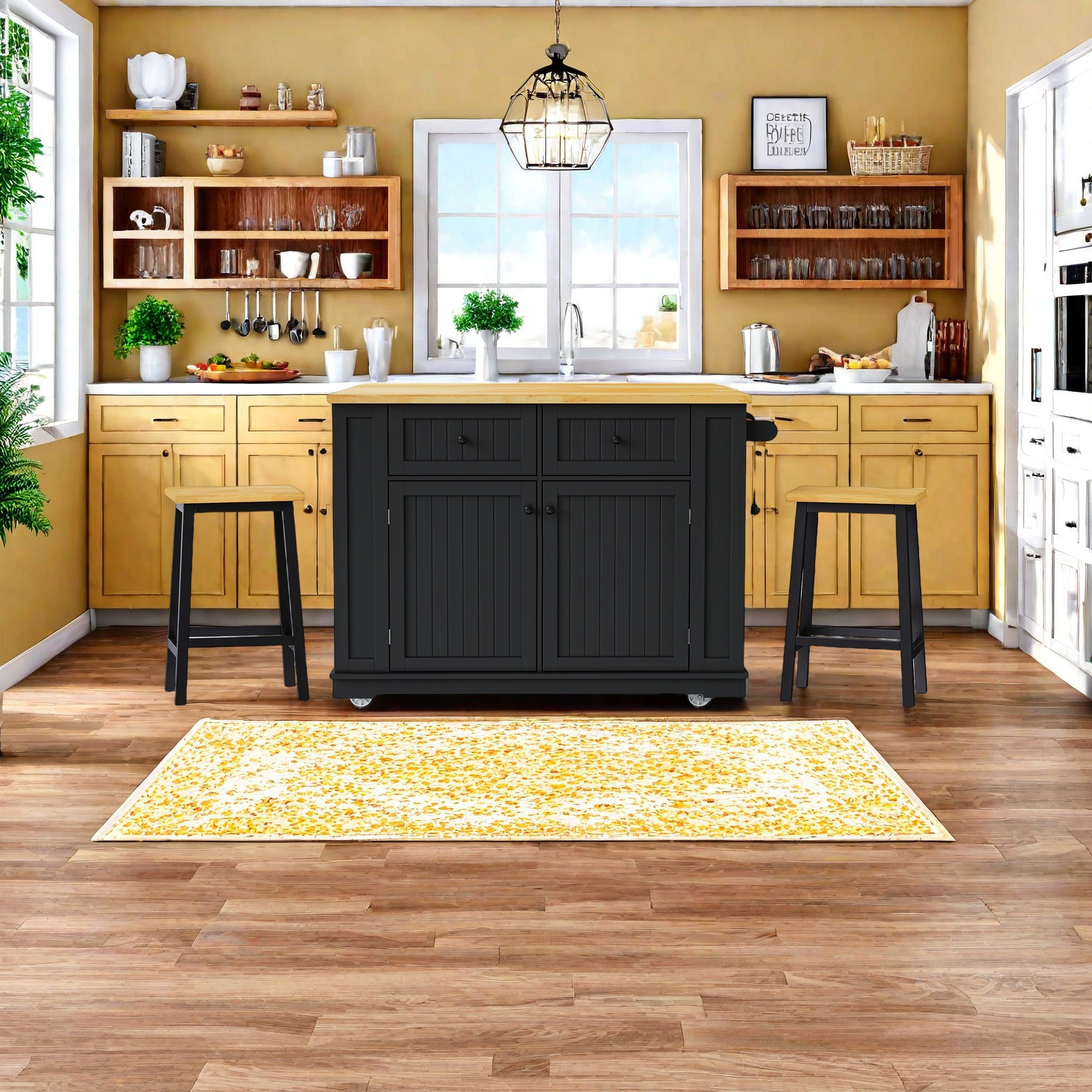 Red Barrel Studio 3-Piece Kitchen Island Cart With Bar Stools, Rolling ...
