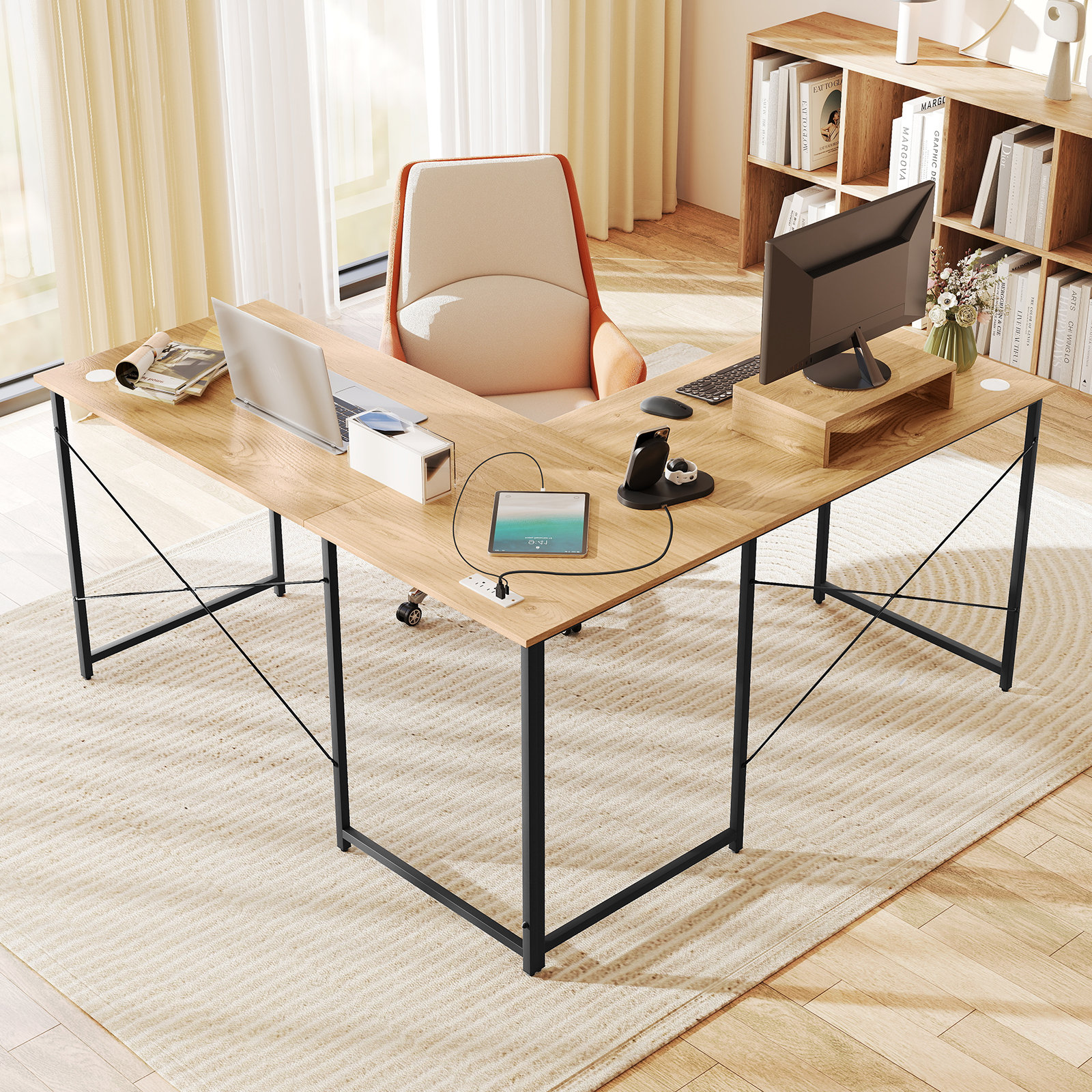 Ebern Designs 95'' L-Shaped Reversible Computer Desk 2-Person Long ...