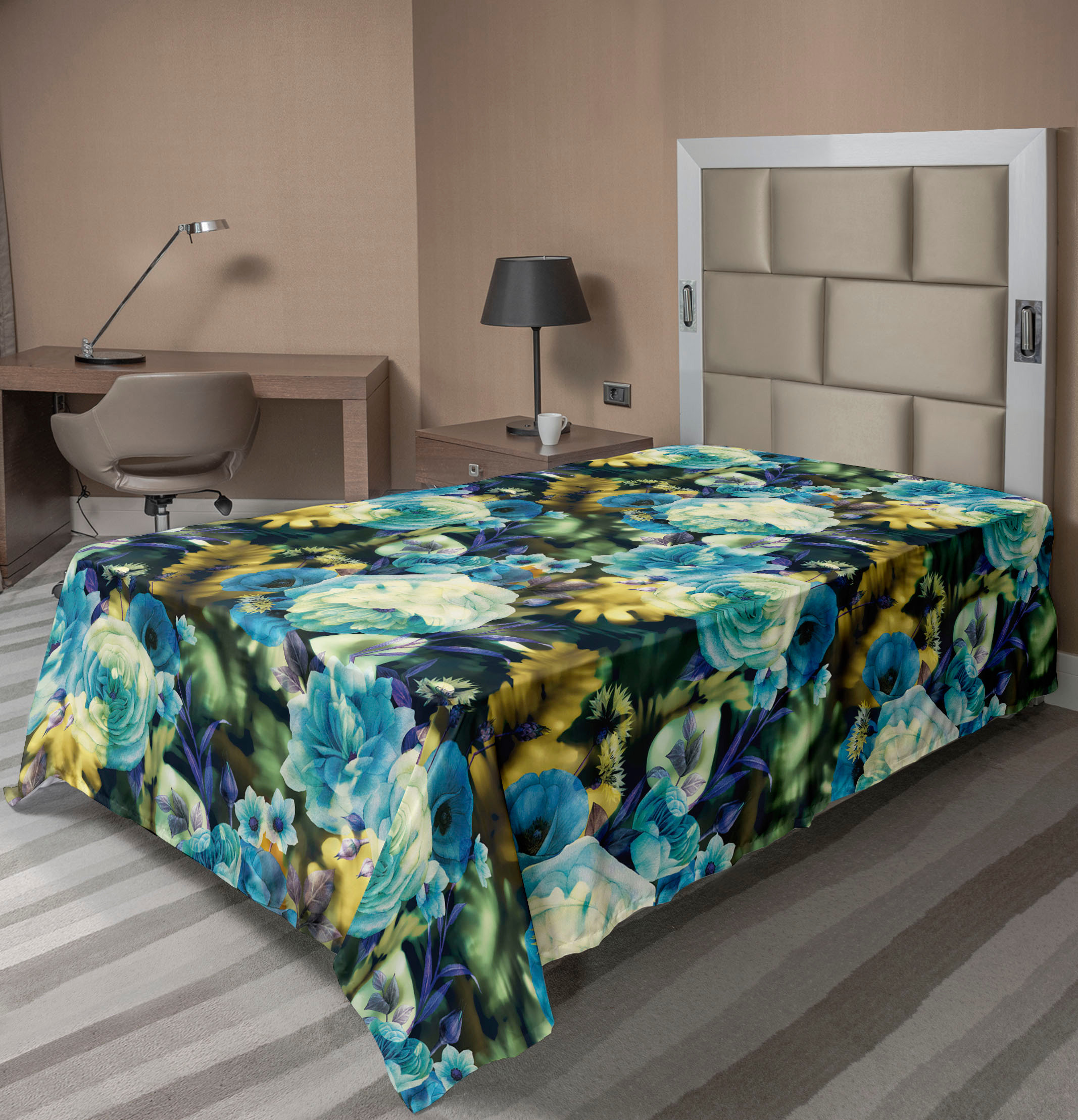 Ambesonne Flowers Flat Sheet Floral Botany Pattern Print Mustard Teal ...