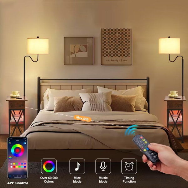 Gracie Oaks Rustic Brown LED Floor Lamp With Flip Top Side Table, USB ...