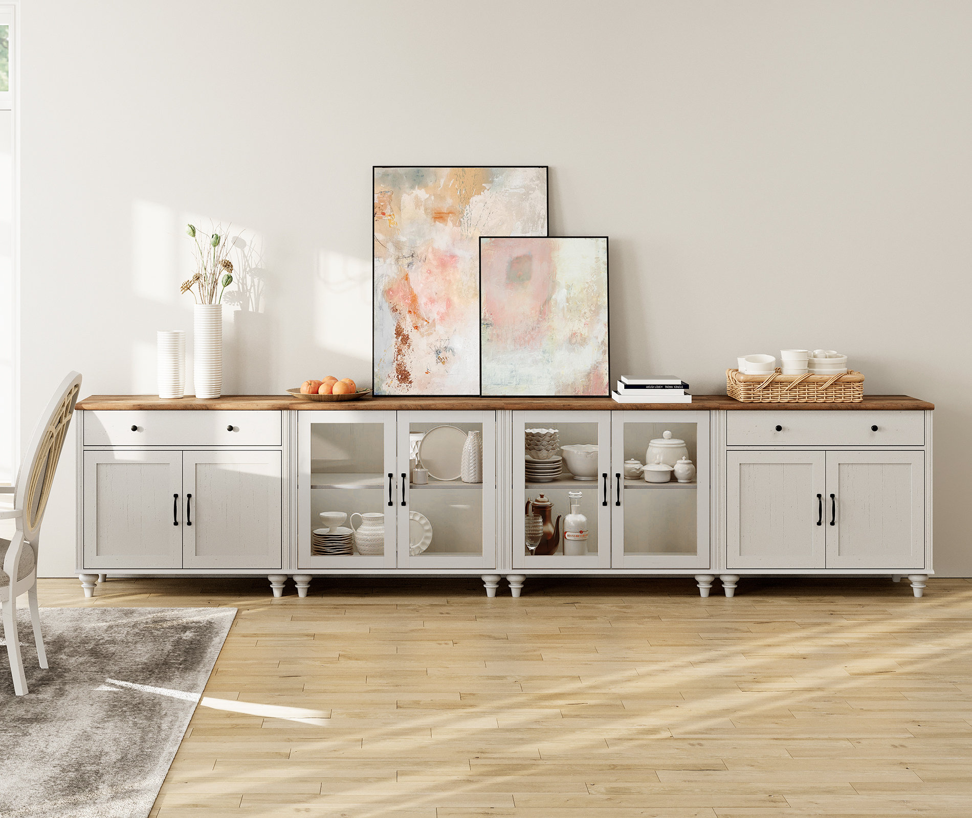 Charlton Home® Sideboard Cabinet With 2 Drawers, 4 Glass Doors And 4 Wood Doors, Vintage Wood ...