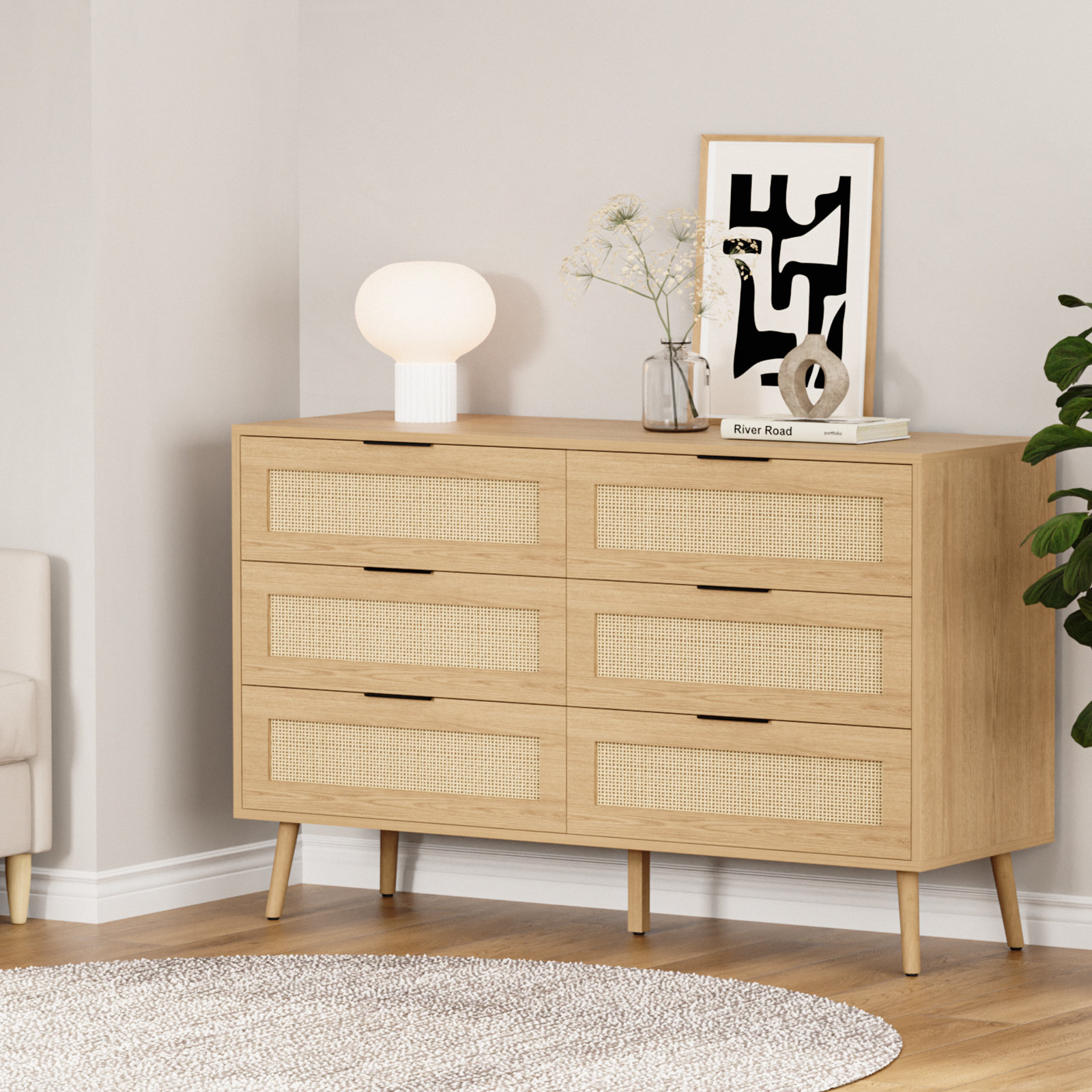 Bay Isle Home™ 6 Drawer Dresser For Bedroom, Natural Rattan Dresser ...