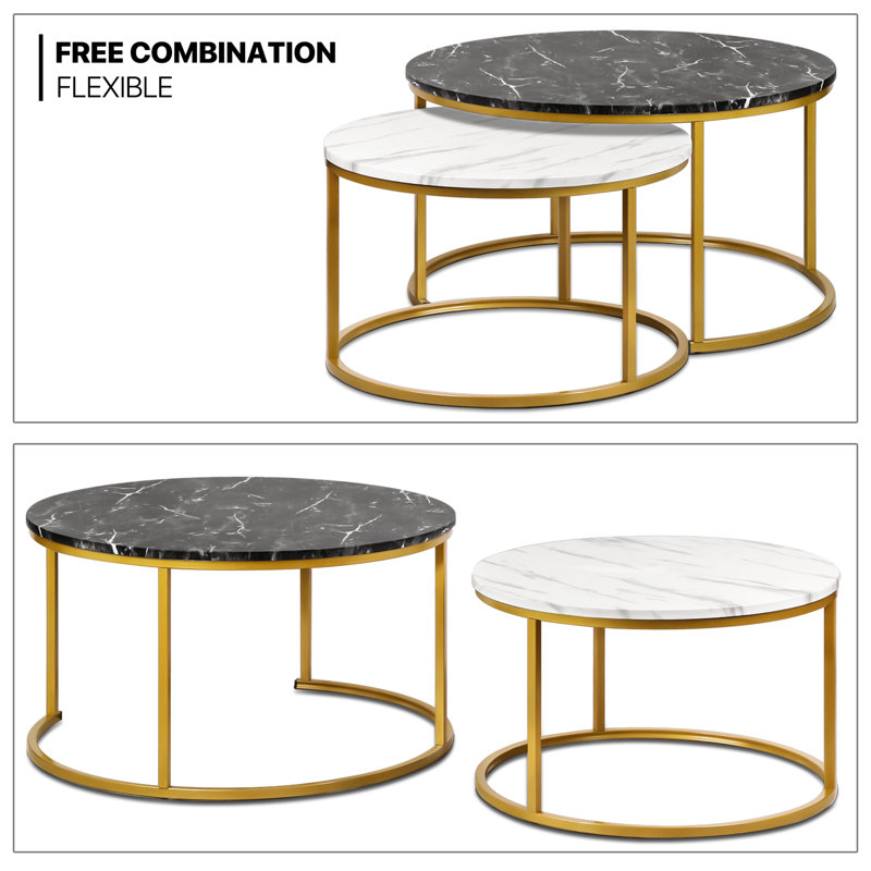Mercer41 2 Piece 35" Round Marble Nesting Coffee End Table With Golden ...