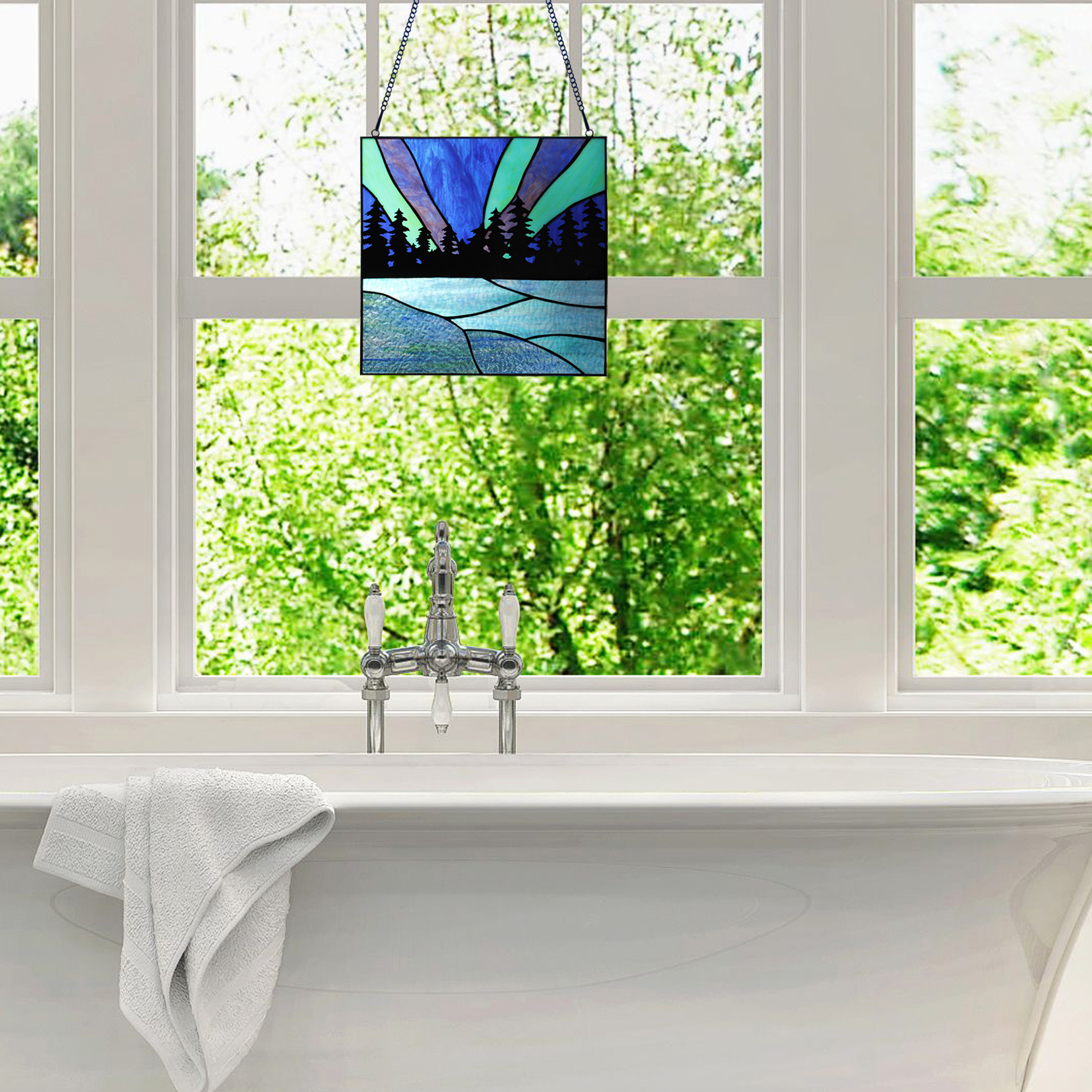 Millwood Pines 12.5"H Elena Northern Lights Lake Stained Glass Window ...