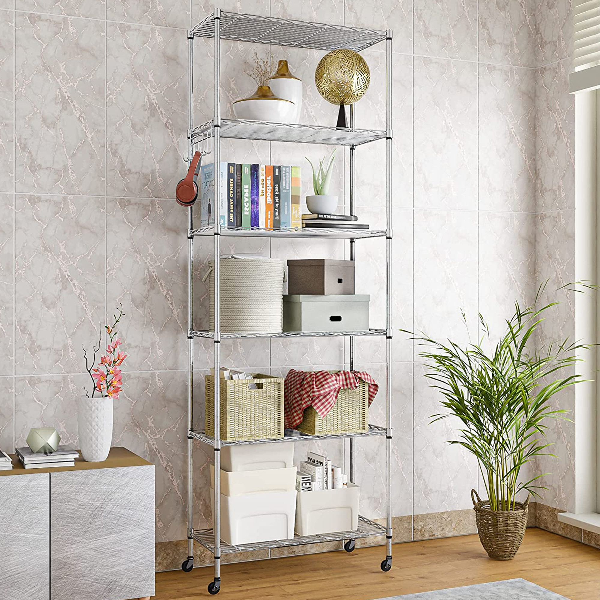 Rebrilliant Manry 5-Tier Chrome Shelving Unit with Wheels, Hooks 72" H ...