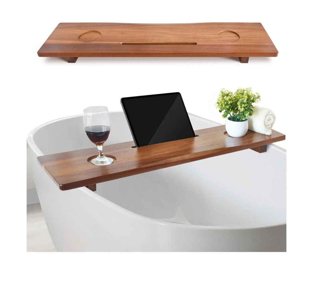 Minoky Wood Bathtub Tray Caddy With Adjustable Legs, Anti-Tipping Bath ...