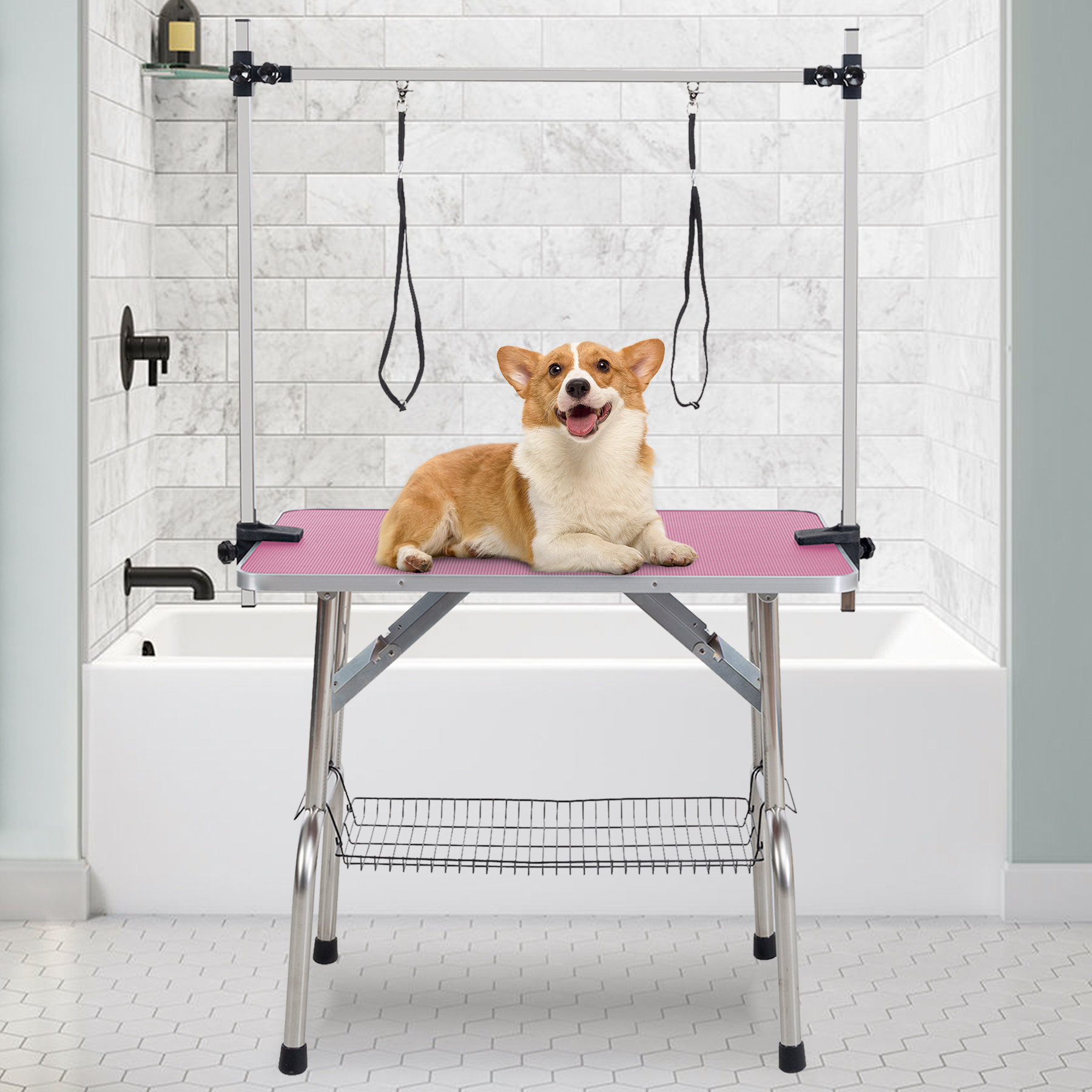 BESTCOSTY 42" Pink Folding Dog Pet Grooming Table With Stainless Steel ...