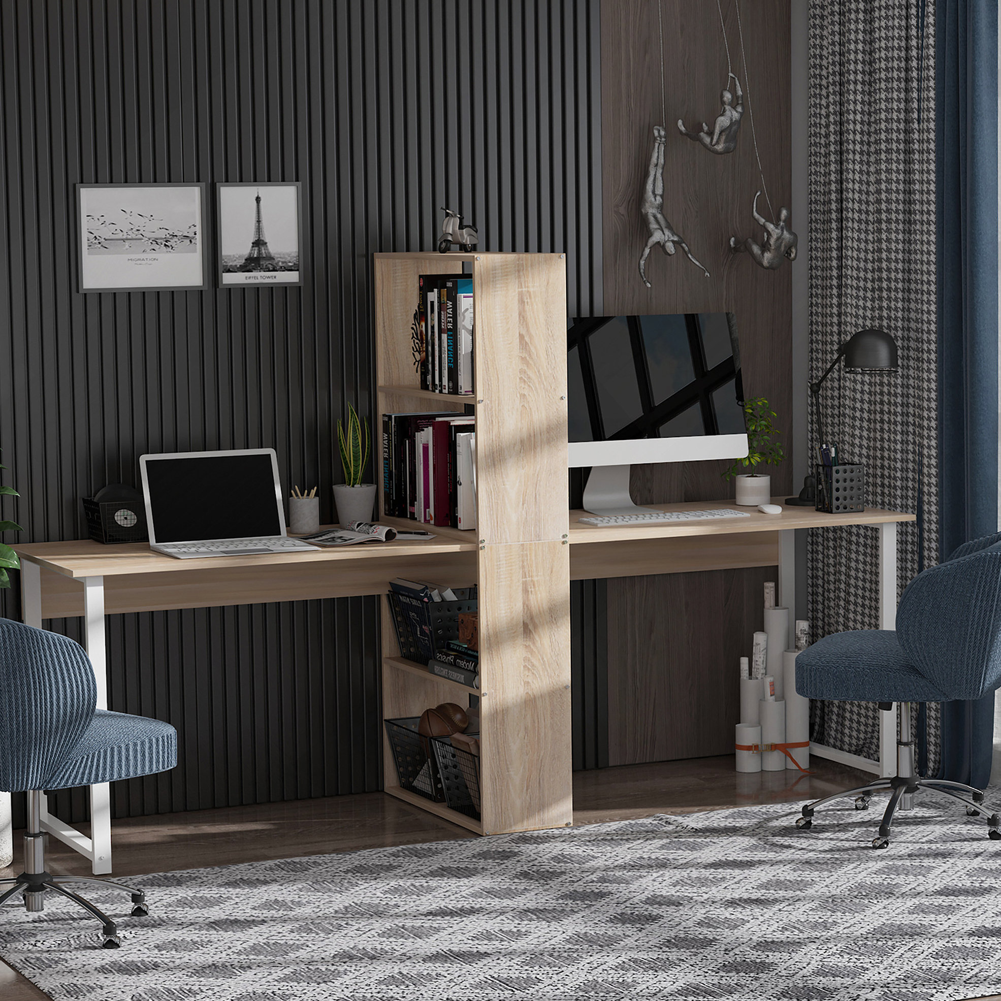 Latitude Run® Computer Desk with Storage Shelves Combo, Double ...