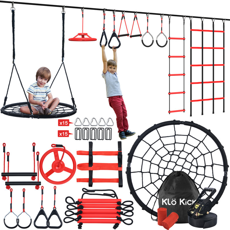 Klo Kick 50ft Ninja Warrior Obstacle Course for Kids with Spider Swing ...