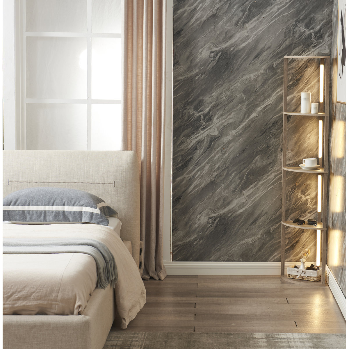 Orren Ellis 64" Fancy Edge Corner Display Floor Lamp with Shelves and 3 ...