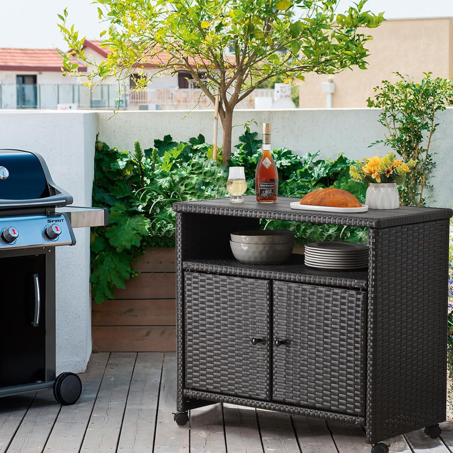 Latitude Run® Outdoor Wicker Storage Cabinet - Patio Bar Table With ...