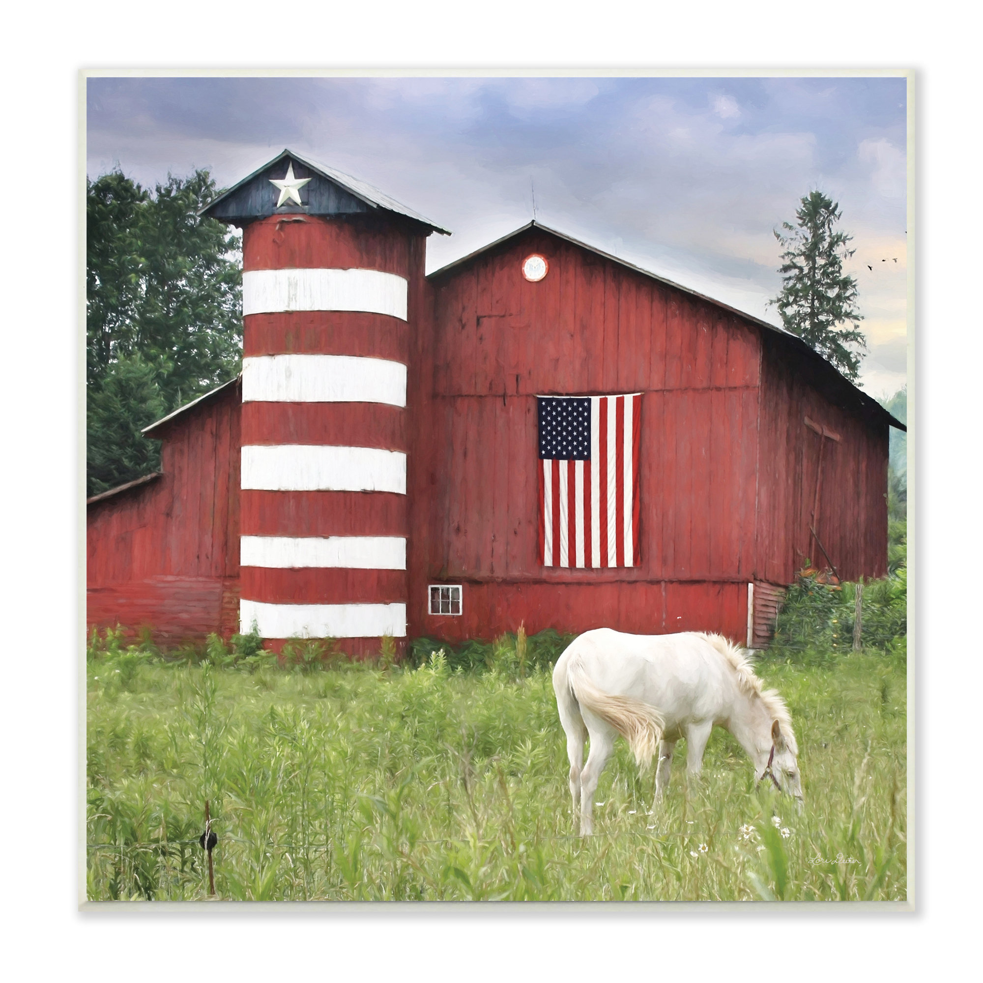 Stupell Industries Grazing White Horse Red Americana Barn Flag Wall ...