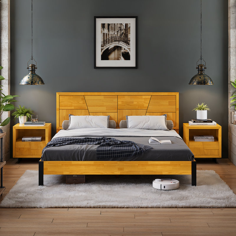 Latitude Run® Trapeze Bed Frame With Slat Pattern Headboard Iron Legs ...
