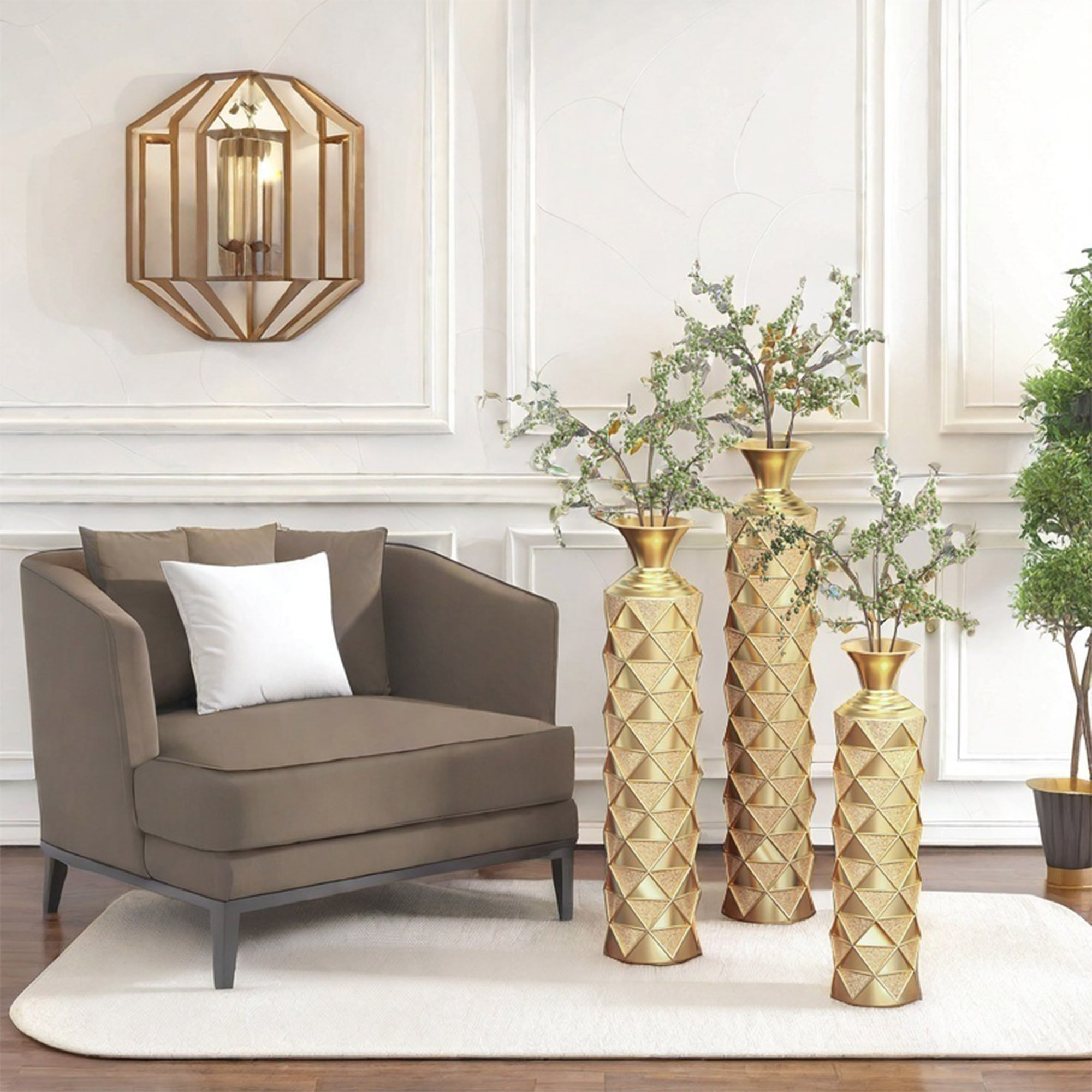 Everly Quinn 3-Piece Gold Floor Vase Set With Triangular Relief Design ...