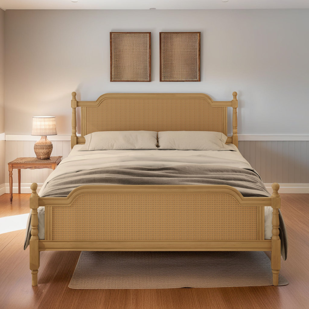 Ophelia & Co. Antique Walnut Rattan Vintage Queen Bed Frame ...