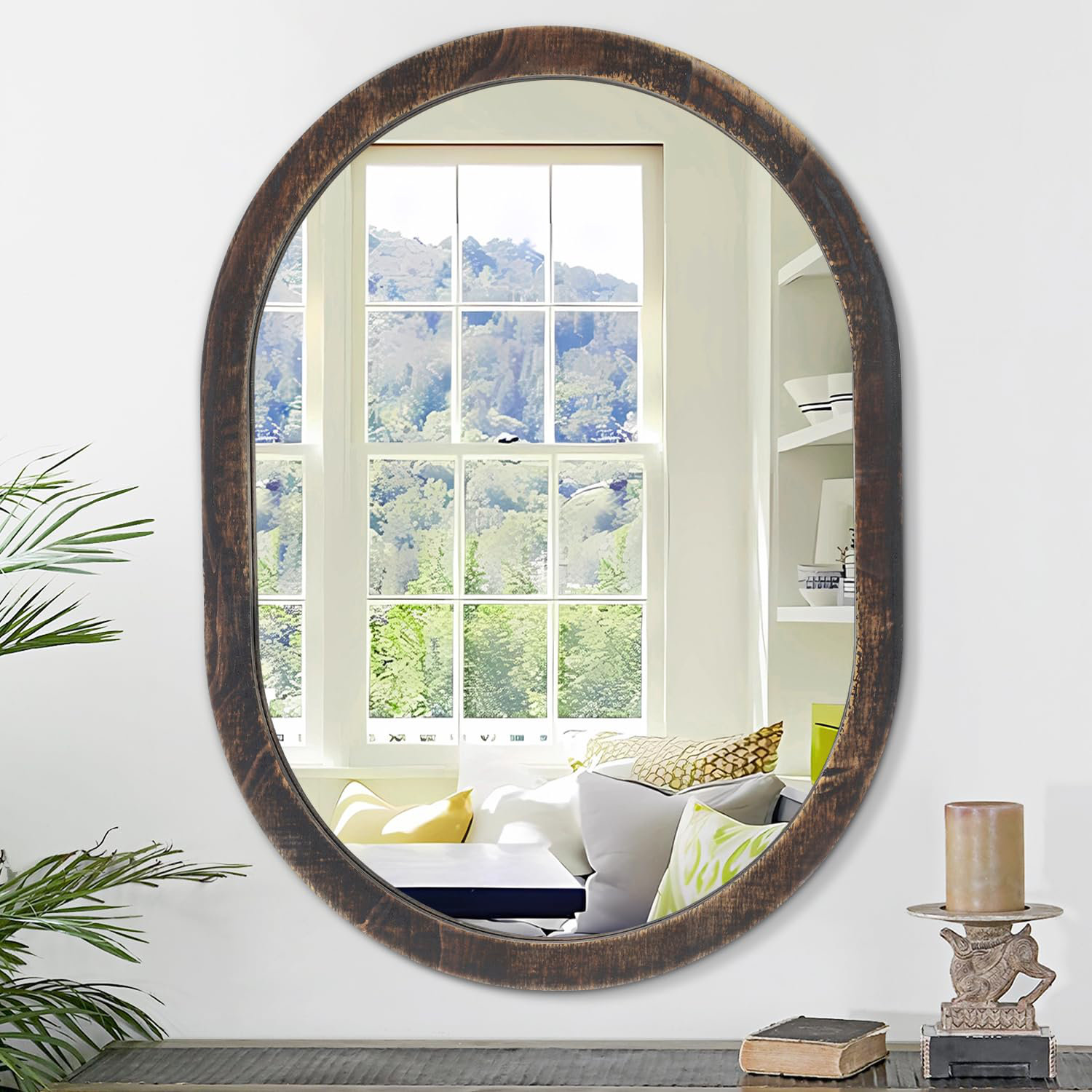 Latitude Run® Large Oval Wood Mirror 26 X 18 Inch, Wall Farmhouse Wood ...