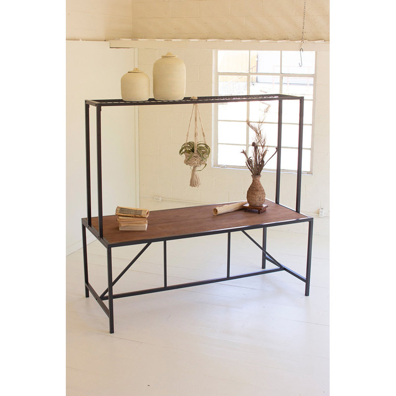 17 Stories Metal And Wood Store Display Table With Wire Grid Top | Wayfair