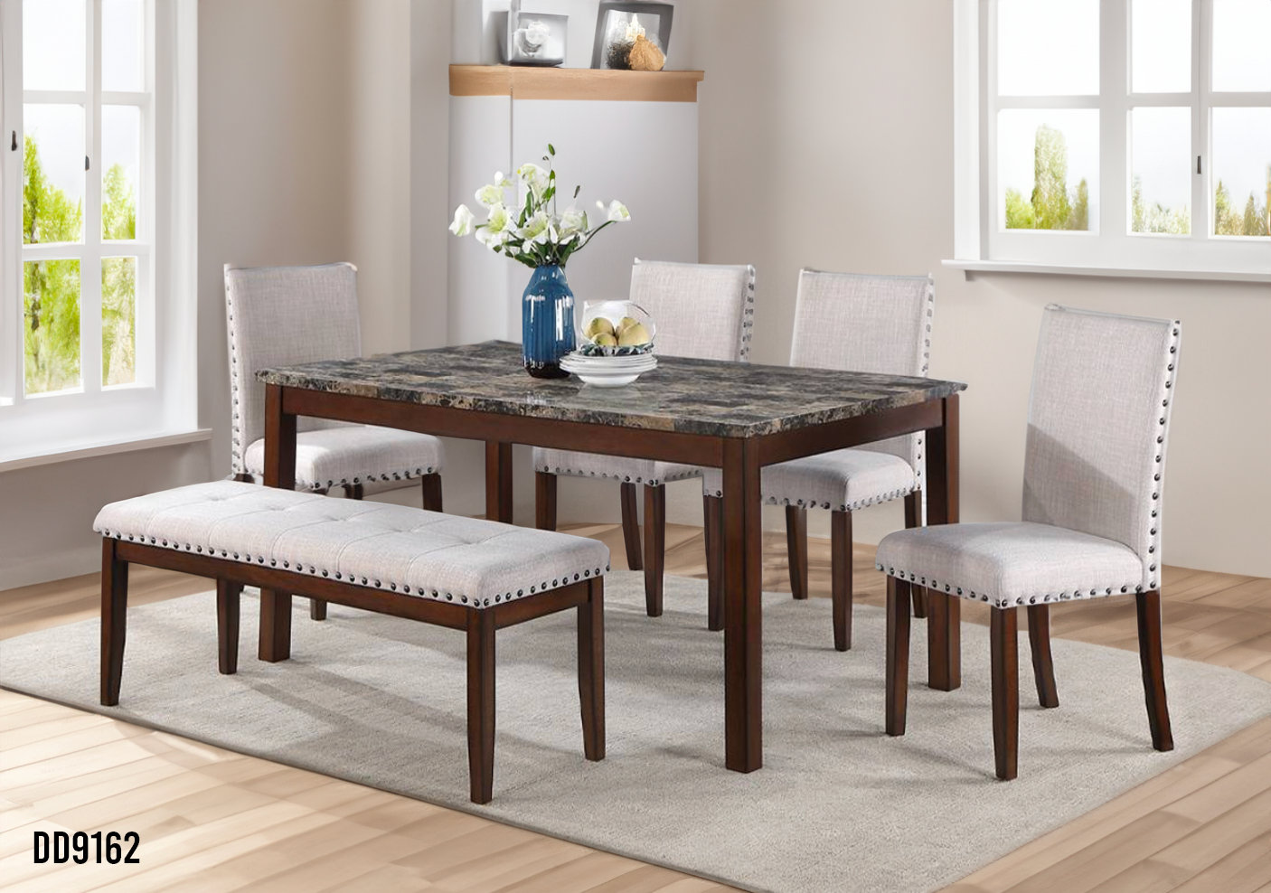 Lark Manor™ Cornouiller 6 Pcs Beige Fabric Dining Set Faux Marble Table ...