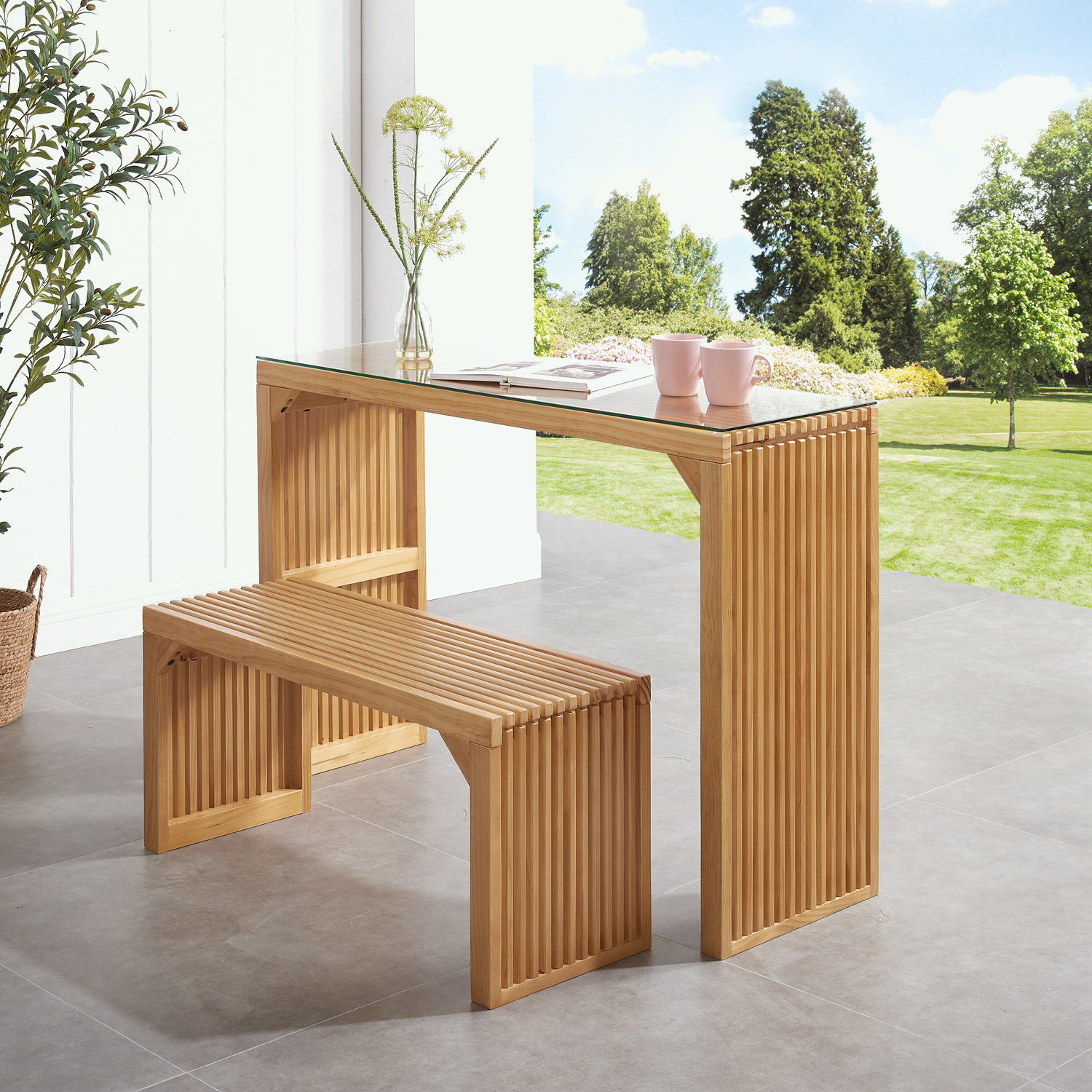 Latitude Run® wooden Outdoor Table Set with long Benches | Wayfair