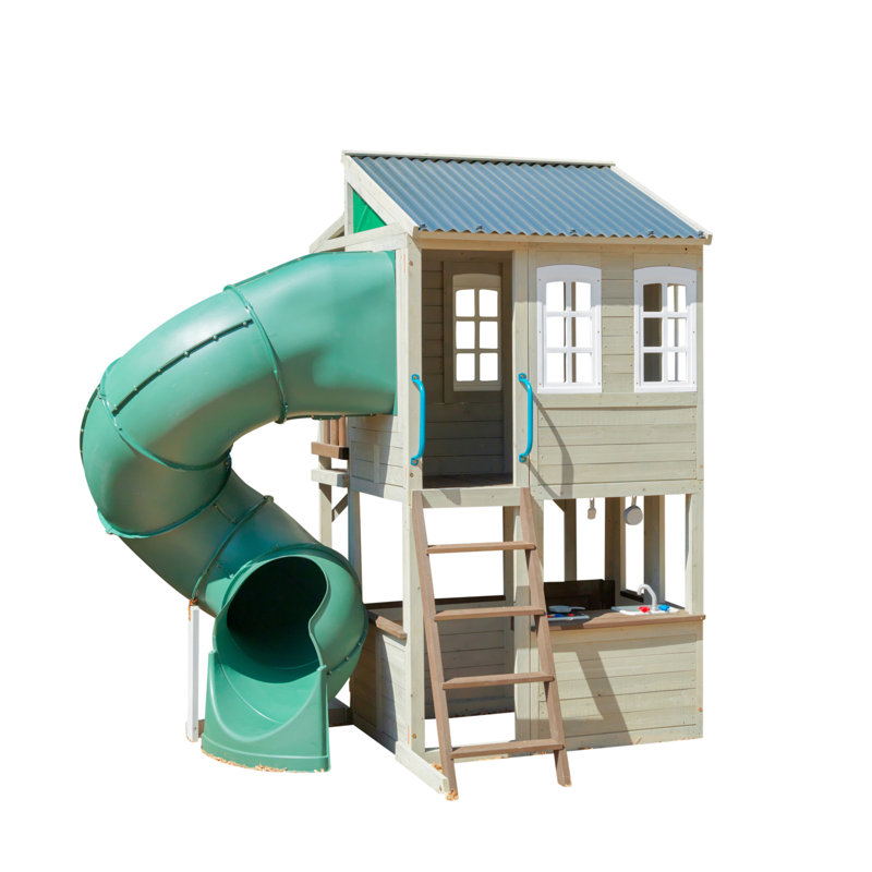 KidKraft Cozy Escape Wooden Outdoor Two-Story Playhouse with Slide ...