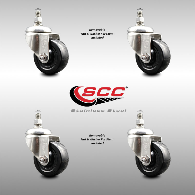 Service Caster 316SS Hard Rubber Wheel Swivel Threaded Stem Caster Set ...