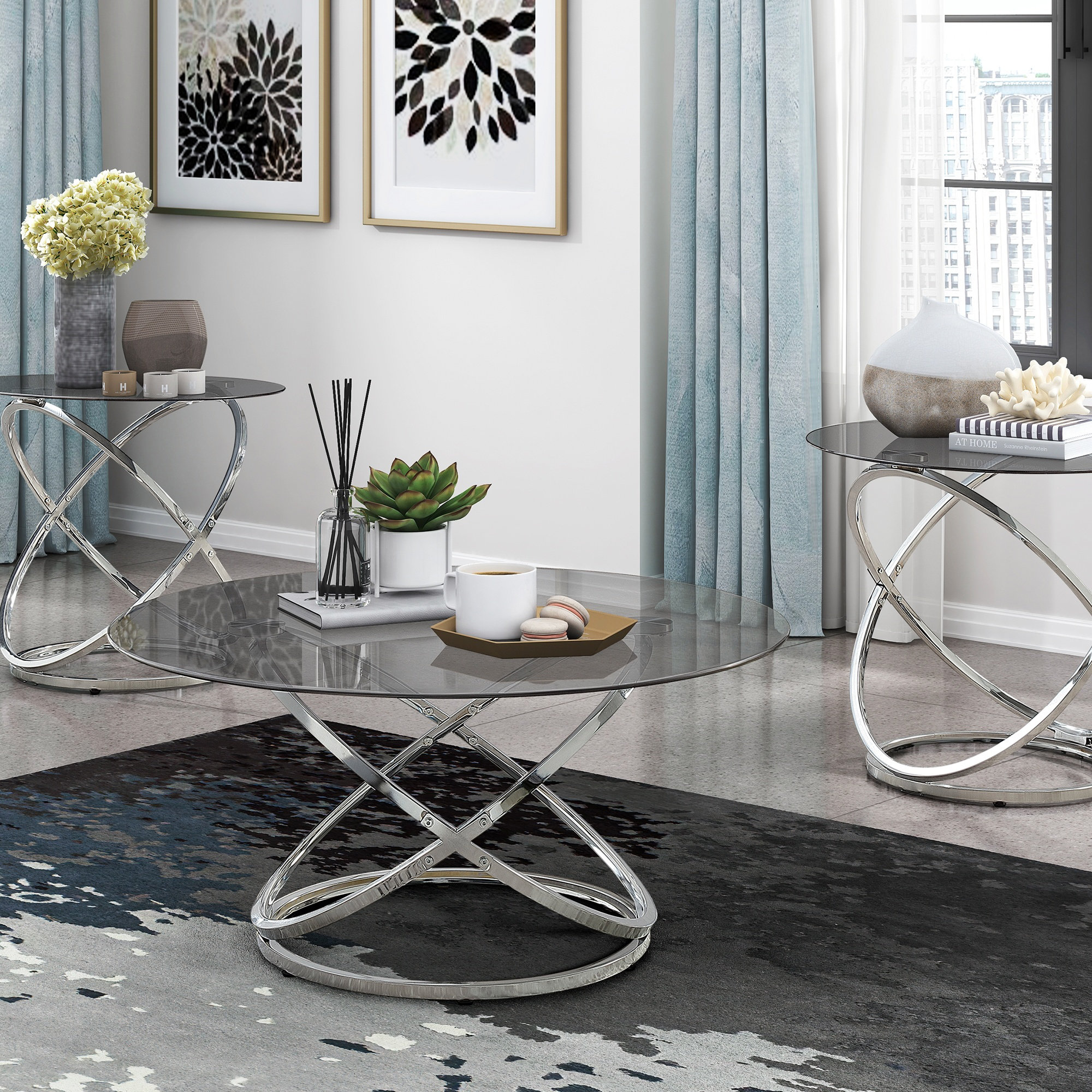 CHENGGUHENGXIN Modern Luxury 3-Piece Occasional Table Set Chrome Finish ...