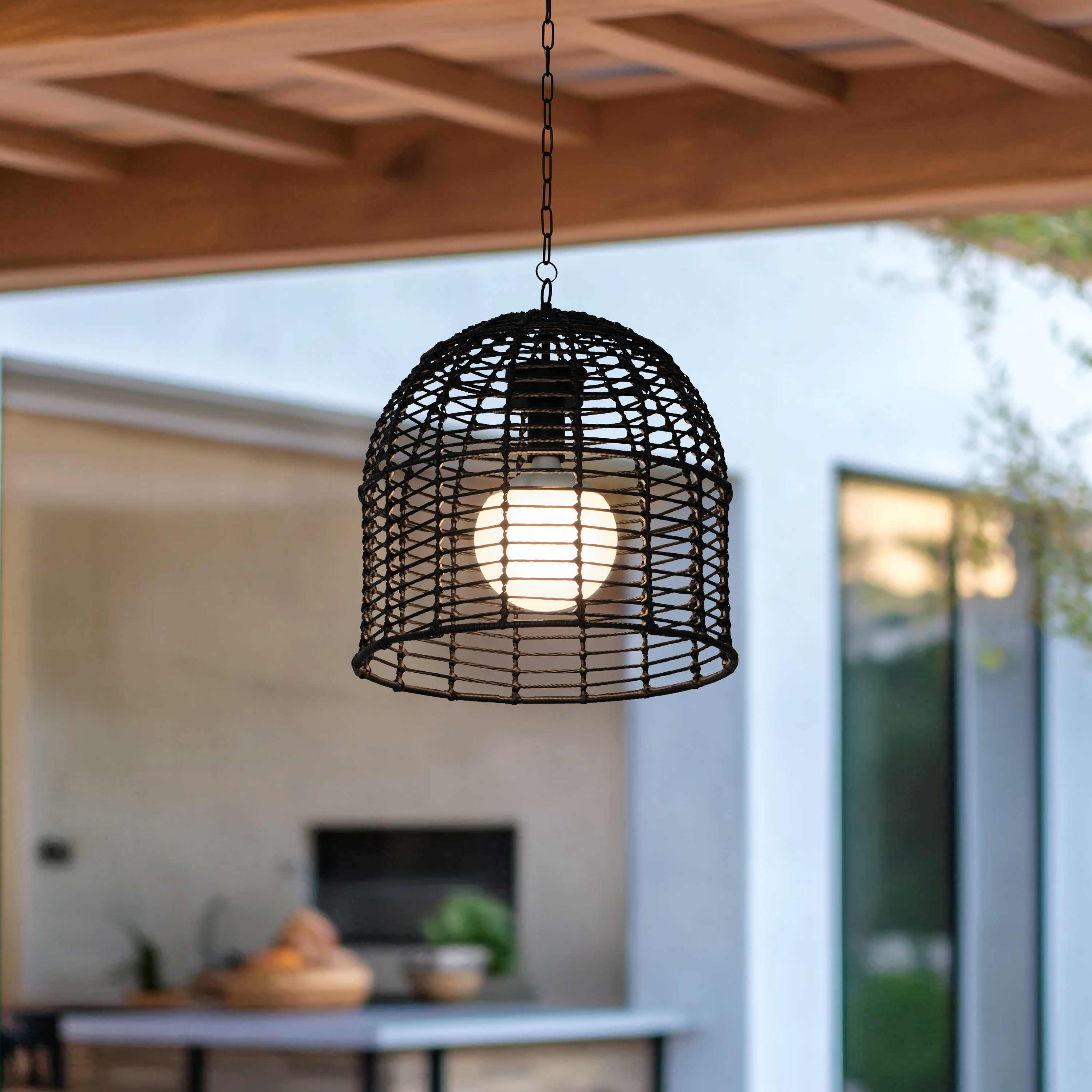 SUNJOY Outdoor Chandelier Wicker Hanging Light Fixture with Remote ...
