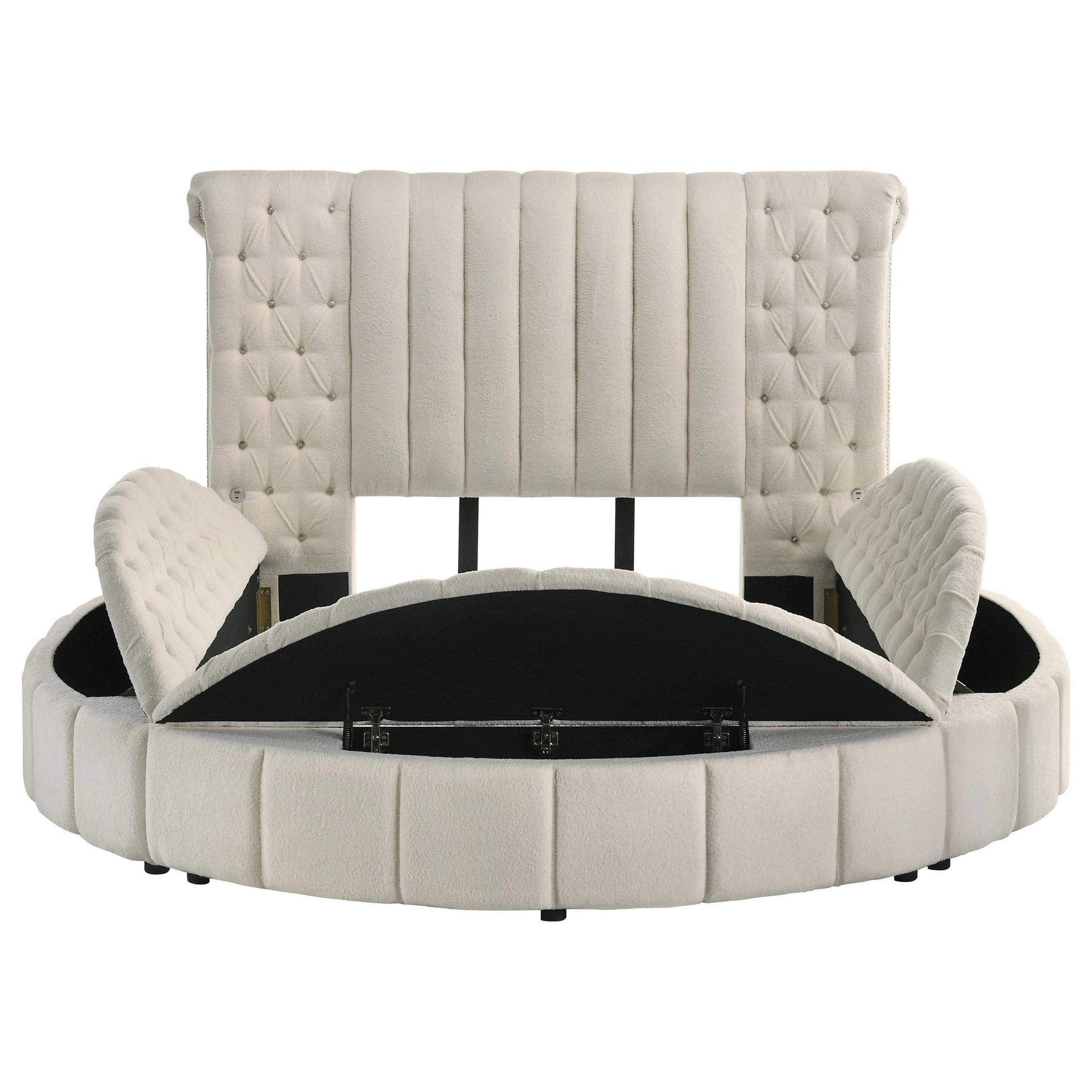 Benjara Neya Queen Round Bed With Storage, Wingback, Ivory Boucle ...