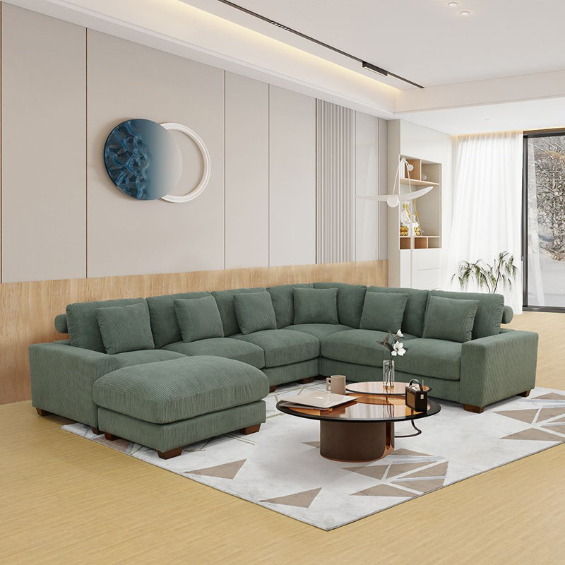 Ebern Designs Green Corduroy 7-Piece Living Room Sectional Sofa Set ...