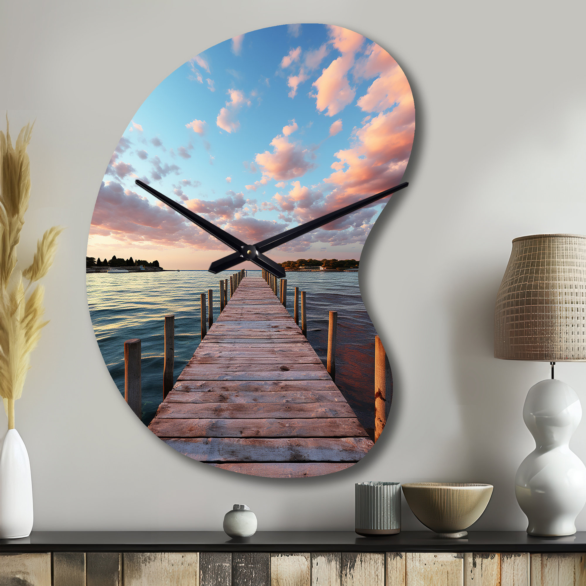 Design Art Pier And Dock Tranquil I - Boom Shape Beige Wall Clock ...