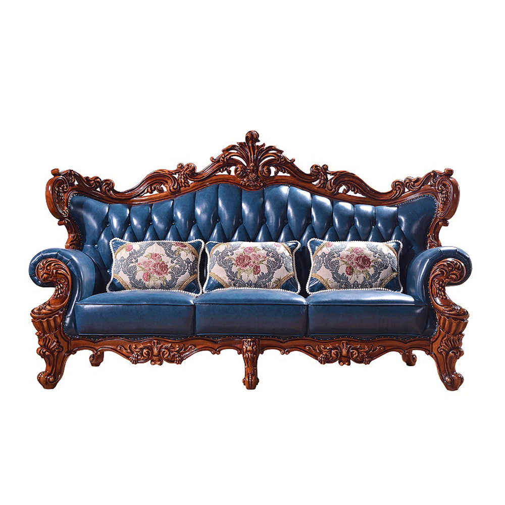 Romero European Leather Solid Wood Carved Sofa 91.3'' Genuine Leather ...