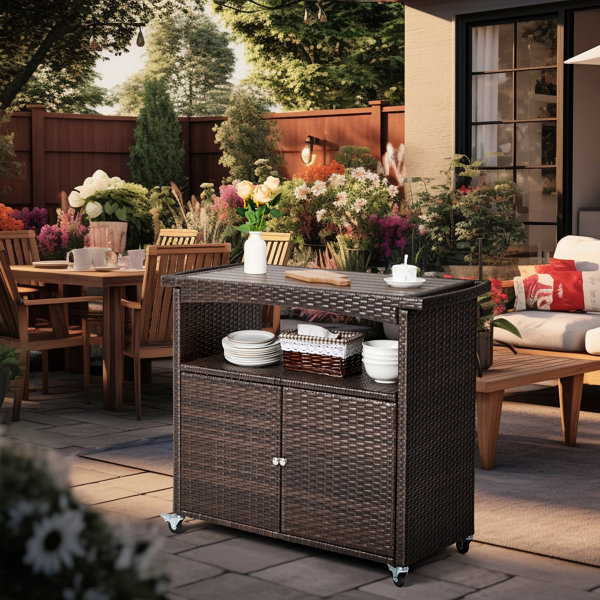 Latitude Run® Outdoor Patio Wicker Buffet & Console Table With Rolling ...