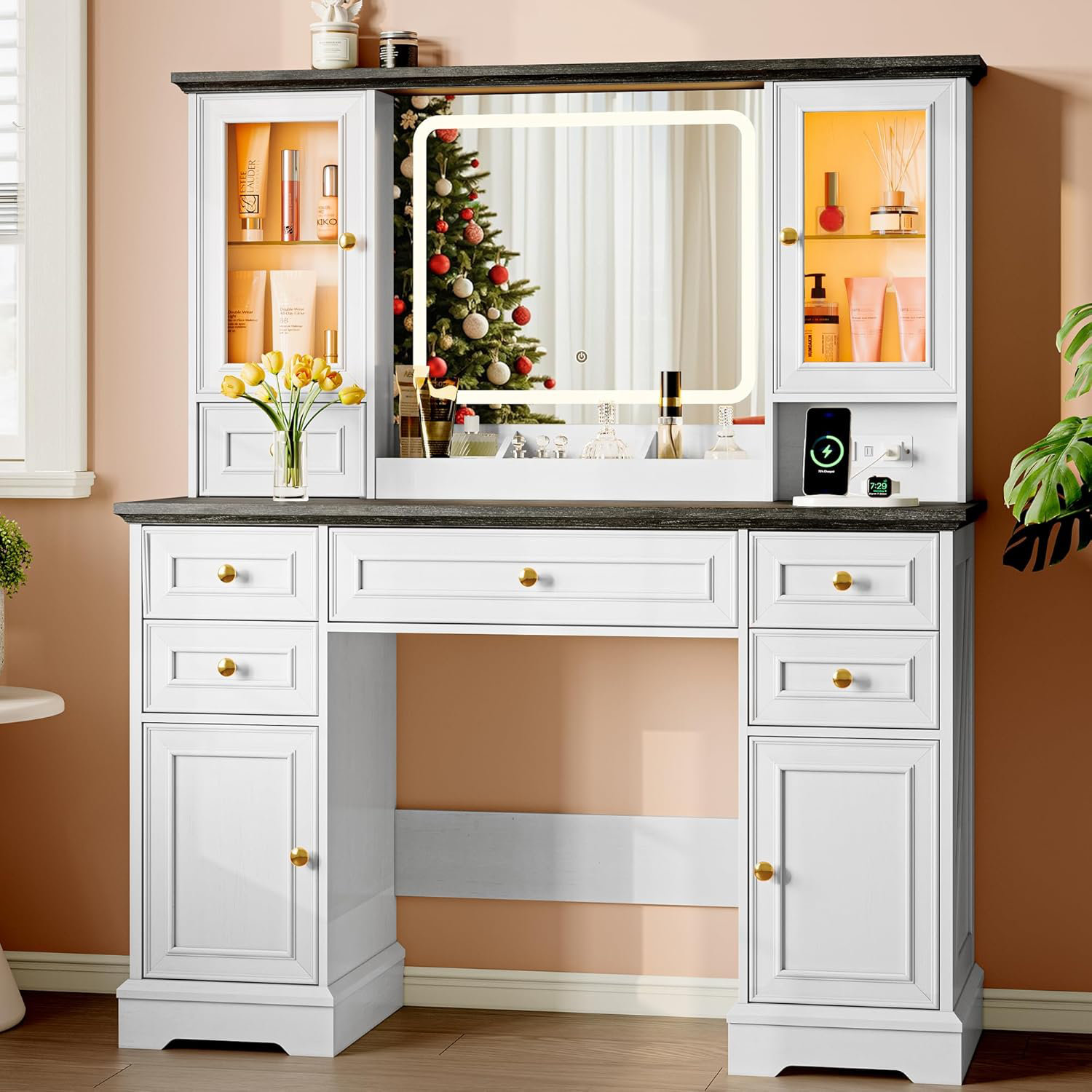 Ivy Bronx Modern Vanity Desk With HD Lighted Mirror & Power Outlet ...