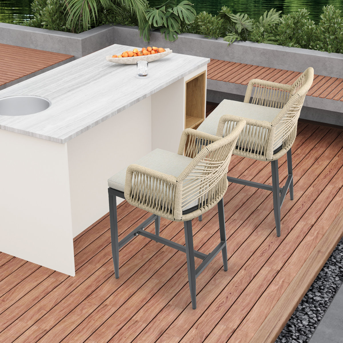 FHVIT Outdoor Bar Stool with Armrests, Soft Cushion, Aluminum Frame ...