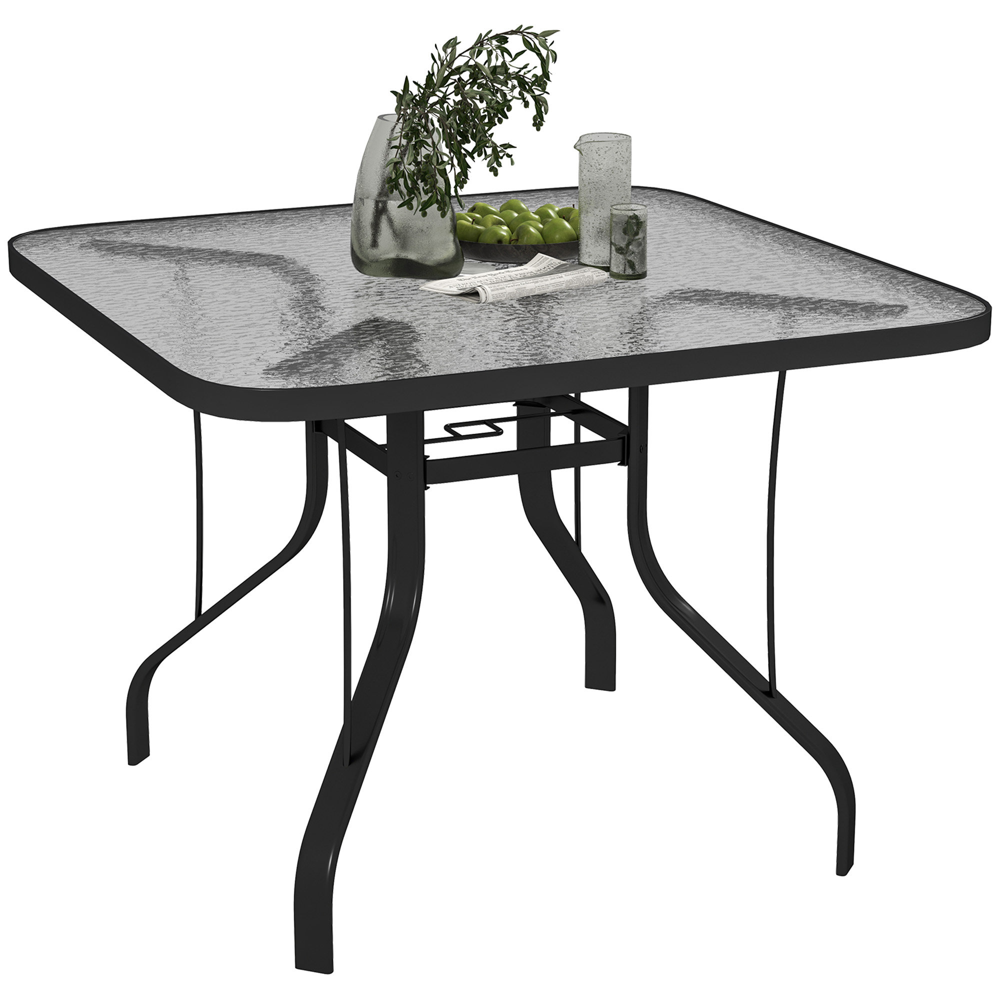 Winston Porter Square Tempered Glass Patio Dining Table with Umbrella ...